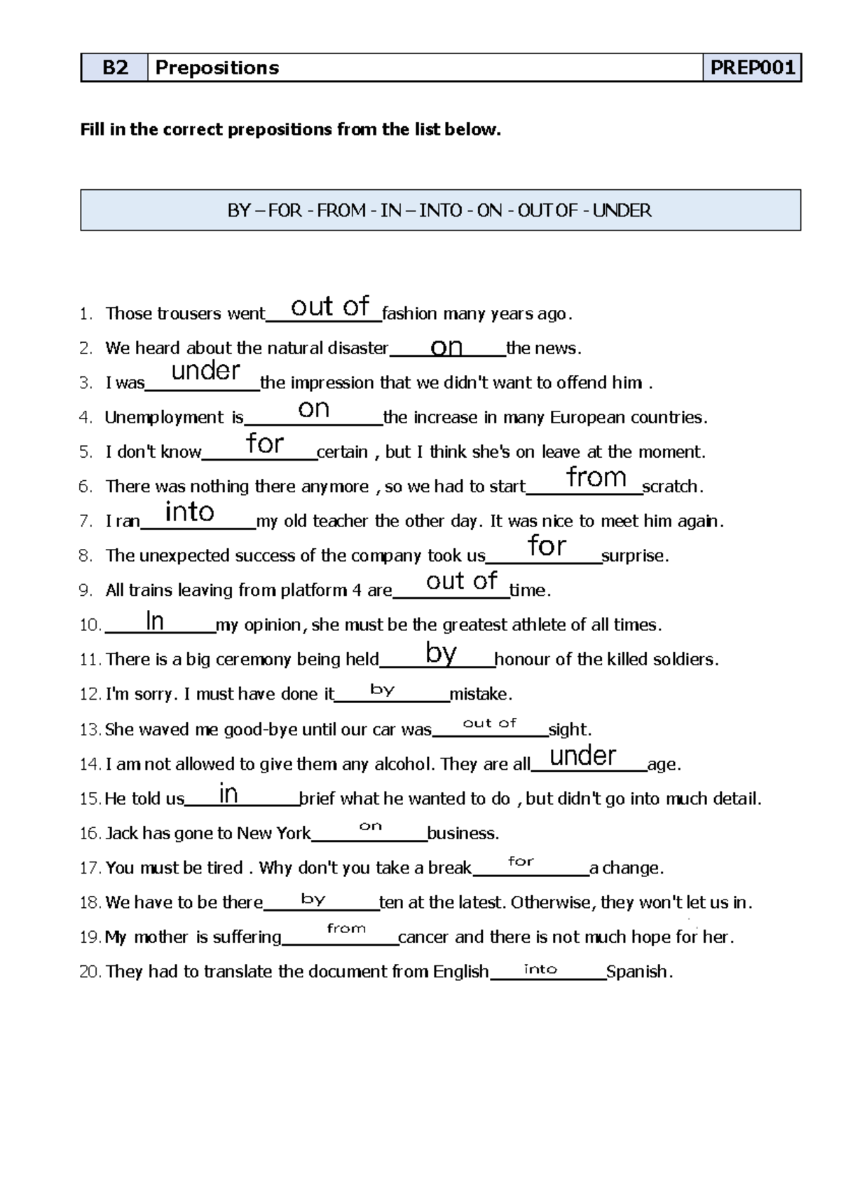 Prepositions - PDF Worksheets - Upper Intermediate (B2) - PREP001 - B2 ...