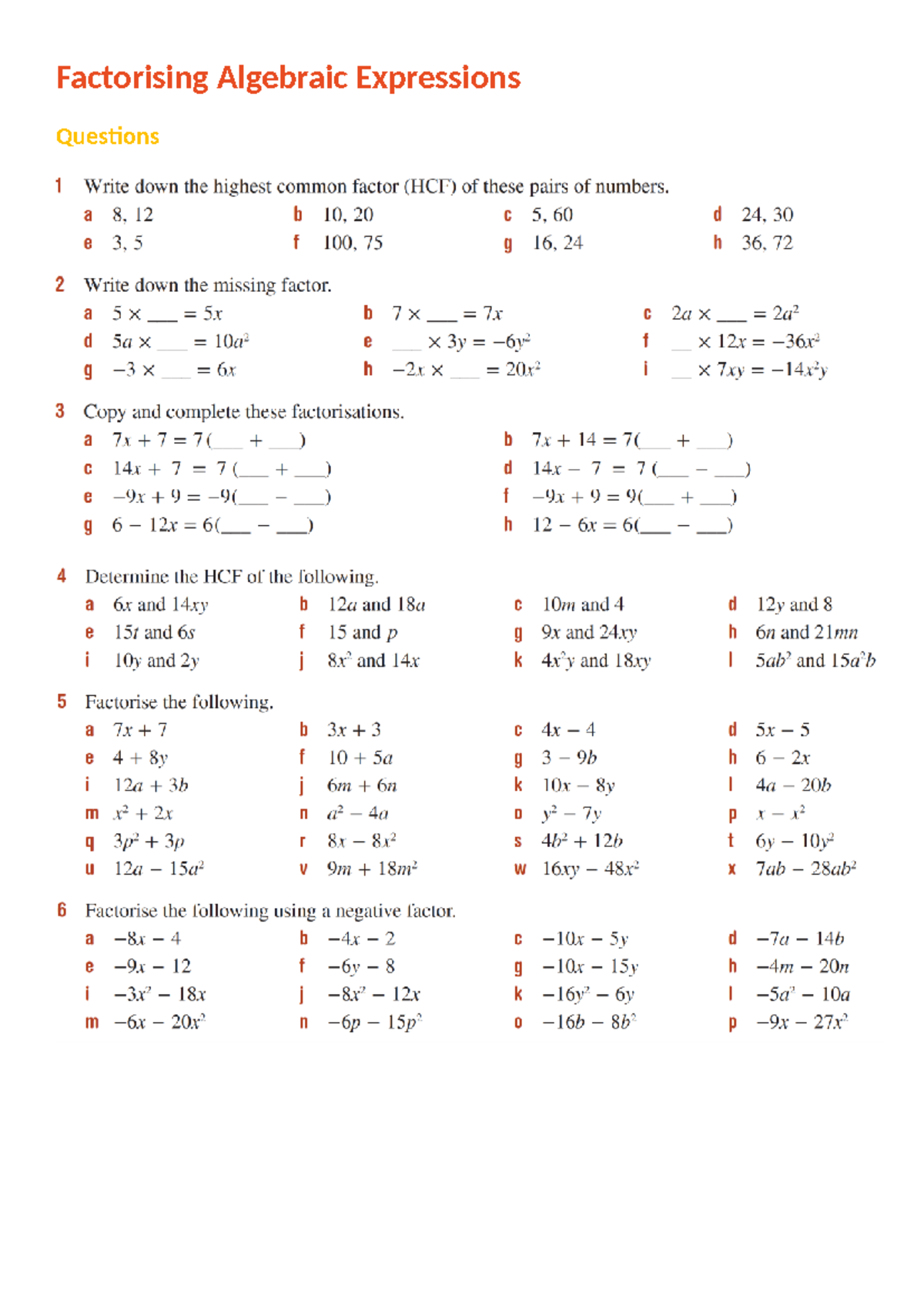 Year 8 Factorising Algebraic Expressions Worksheet - Studocu