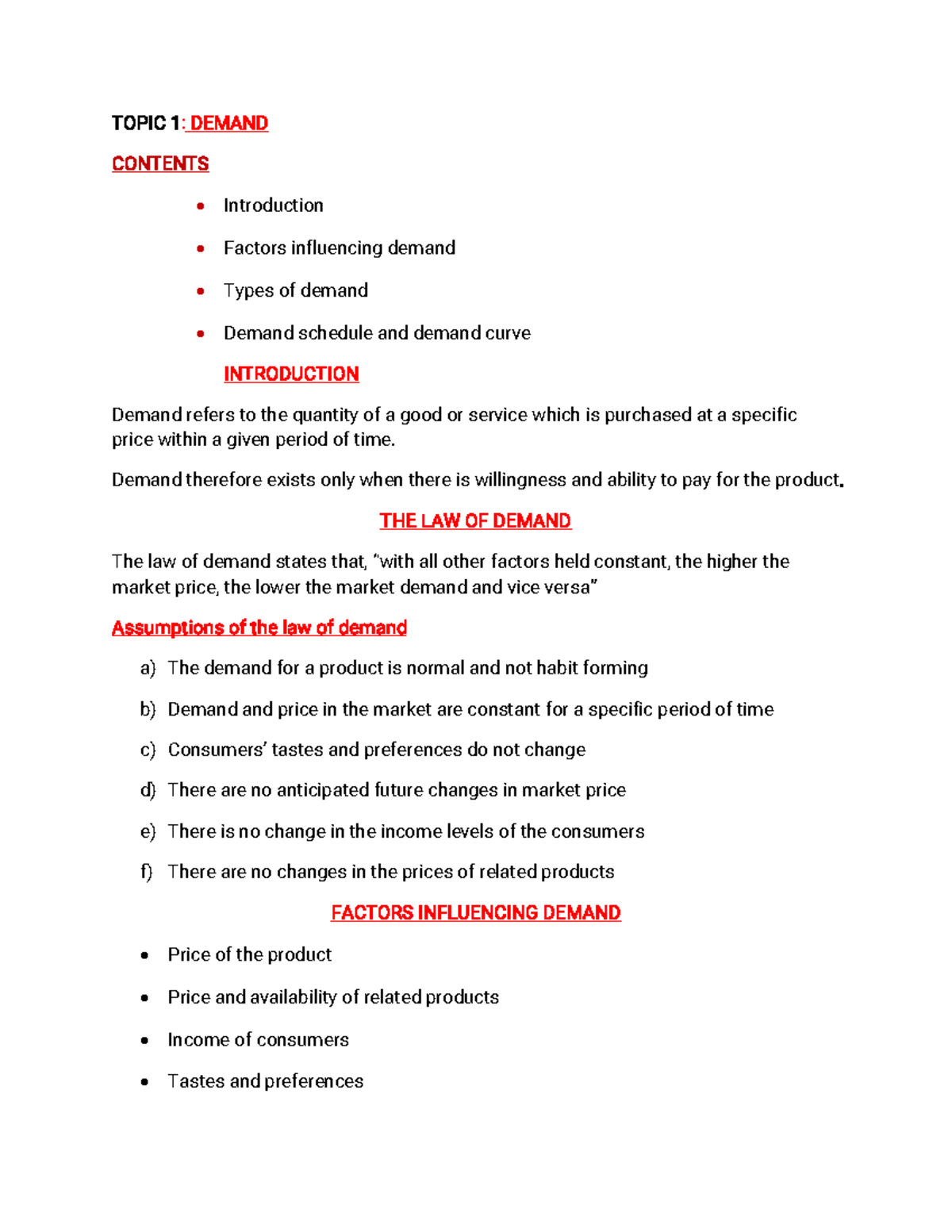Business Form 3 - Comprehensive Notes on Demand and Supply Concepts ...