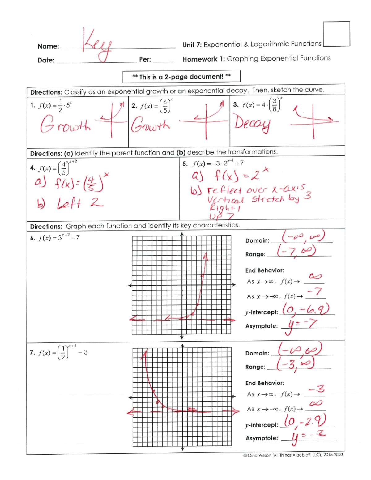 Hw8 Hw For Math Name Key Unit 7 Exponential Logarithmic Functions Date Per Homework 1