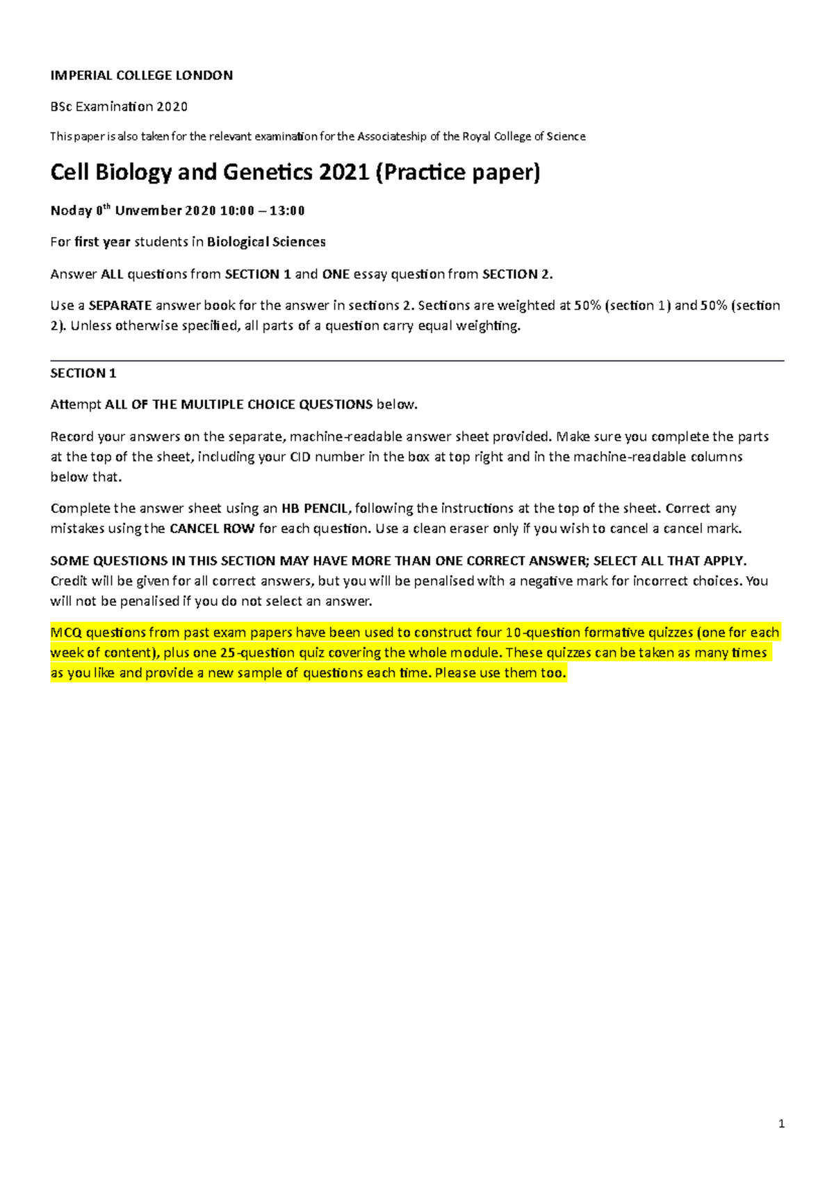 Practice past paper - IMPERIAL COLLEGE LONDON BSc Examination 2020 This ...
