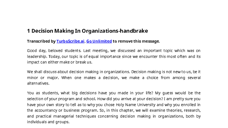 1 Decision Making in Organizations - Key Concepts and Steps - Studocu