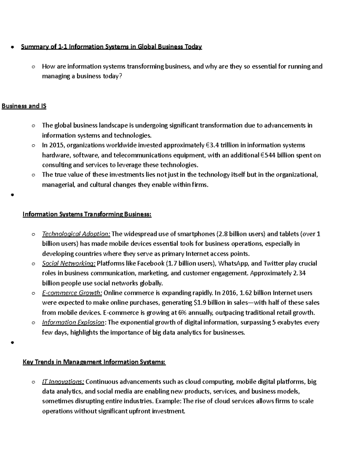 Chapter 1 Notes - Summary of 1-1 Information Systems in Global Business ...