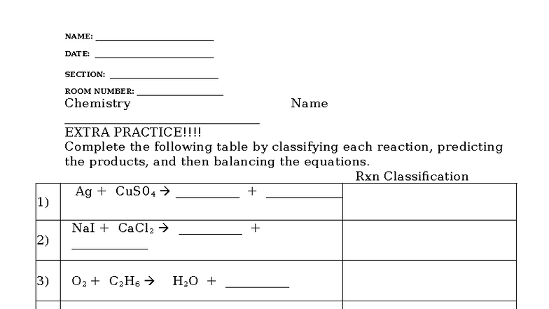 Chemistry Rxn Classification Practice Worksheet - CHA - Studocu