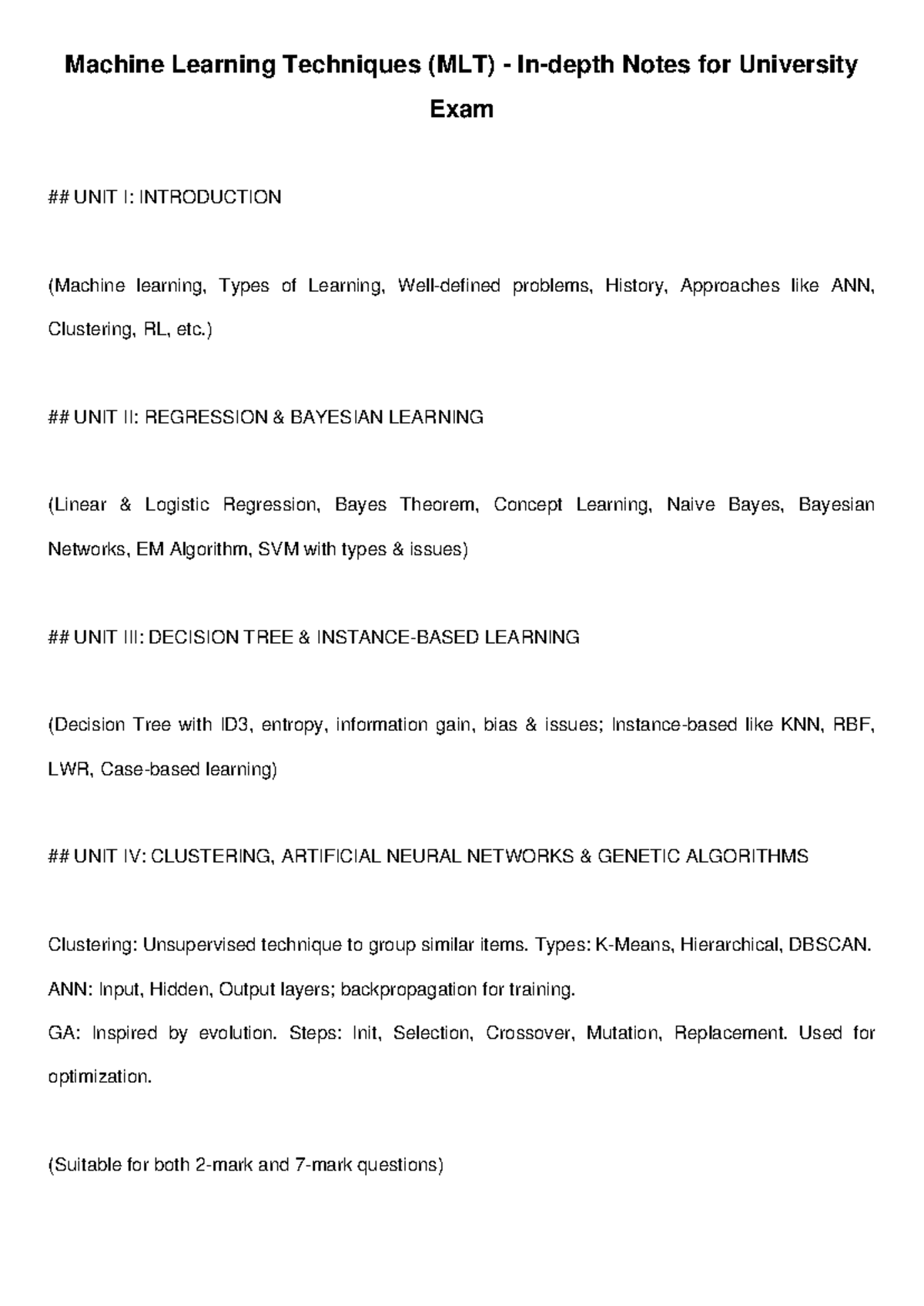 MLT Exam Notes: Machine Learning Techniques Overview and Concepts - Studocu