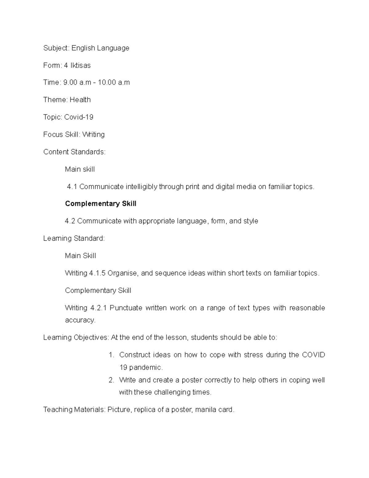 Covid-19 LP - Lesson Plan for Secondary School English Class - Studocu