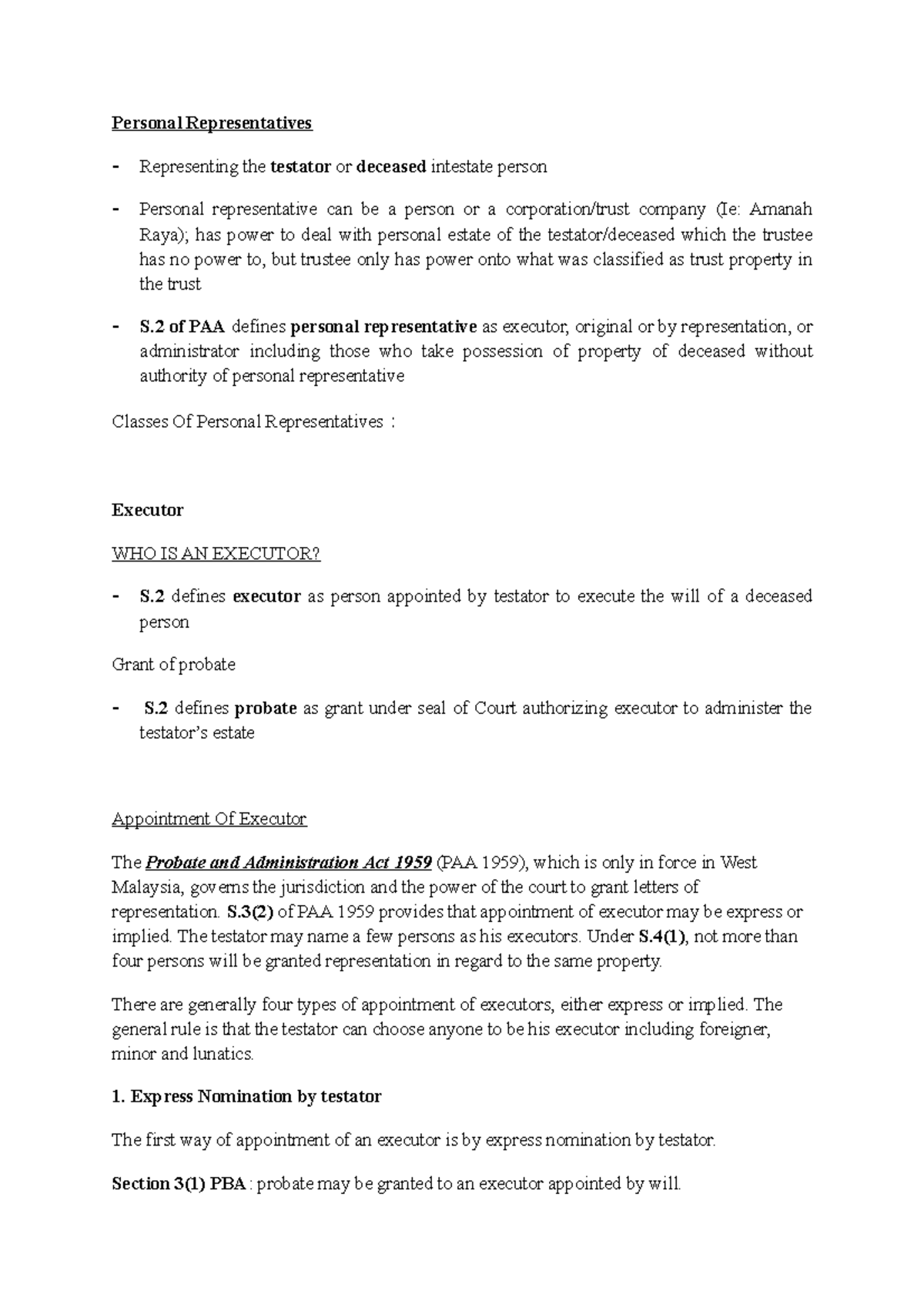 Personal Representatives Notes - Overview and Key Concepts - Studocu