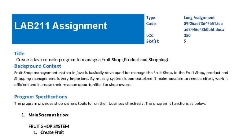 LAB211 Long Assignment: Java Fruit Shop Management System - Studocu
