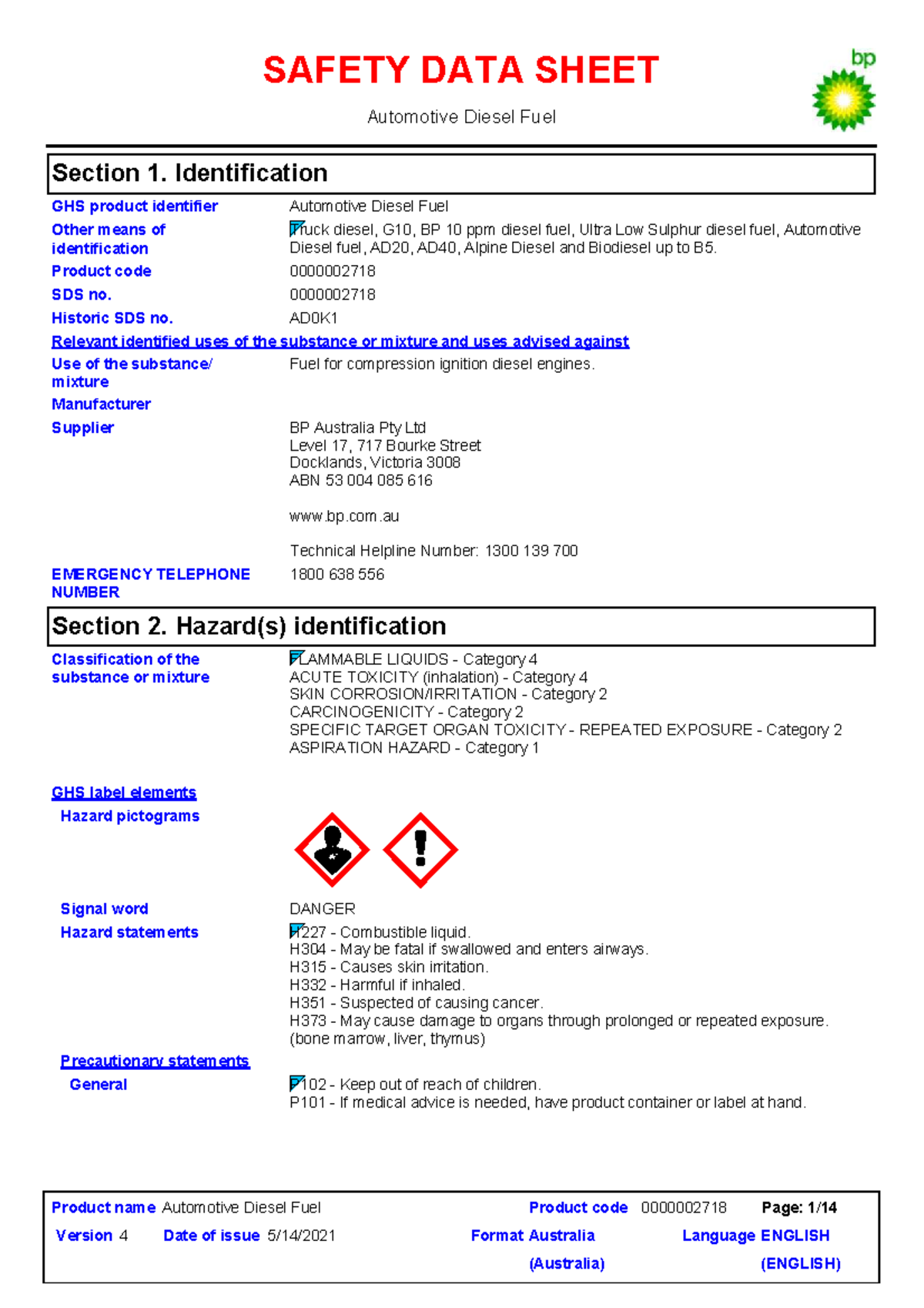 SAFETY DATA SHEET: Automotive Diesel Fuel (Version 4) - GHS Compliance ...