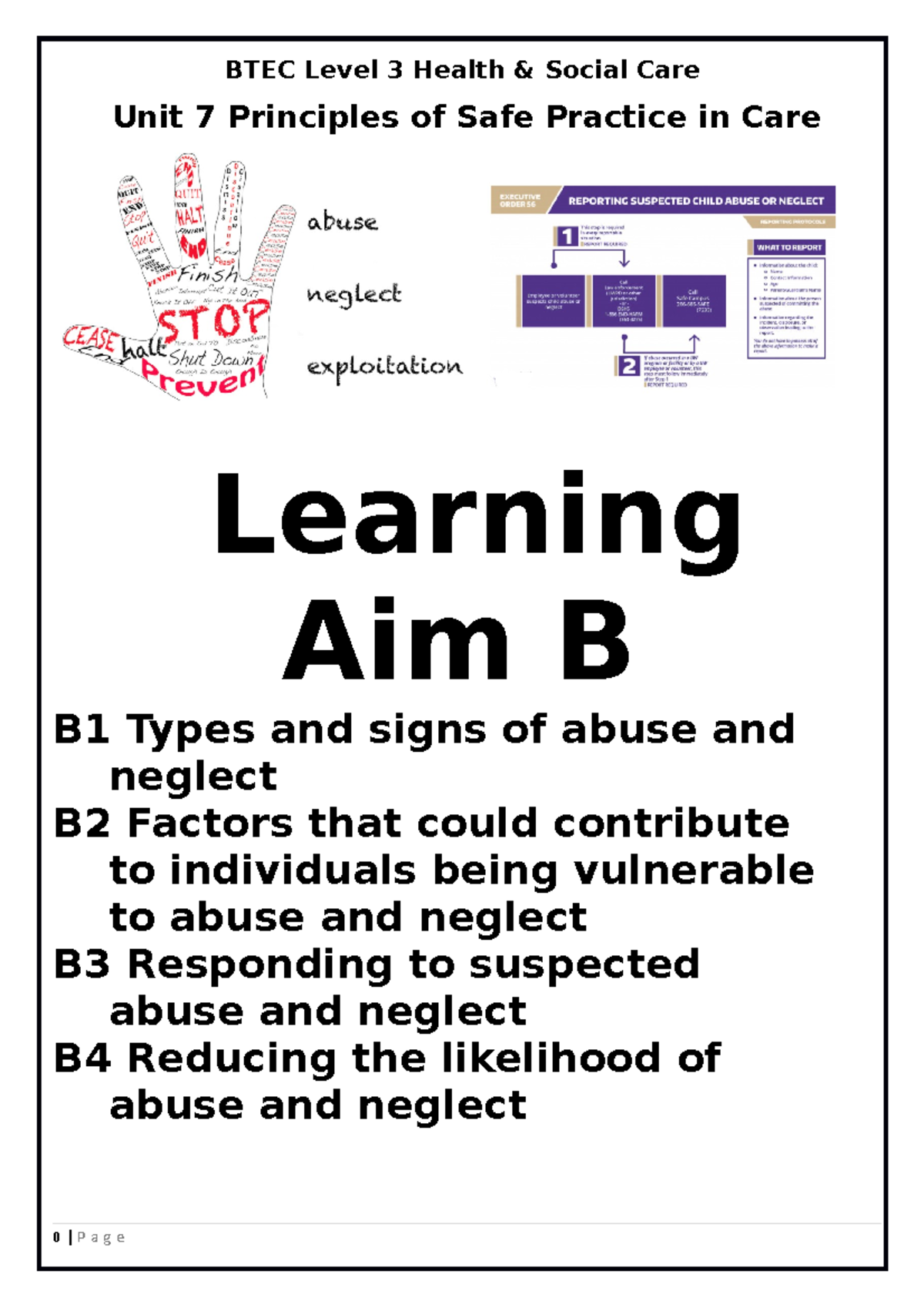 Unit 7 BTEC Level 3 Health & Social Care: Aims A & B Overview Booklet ...