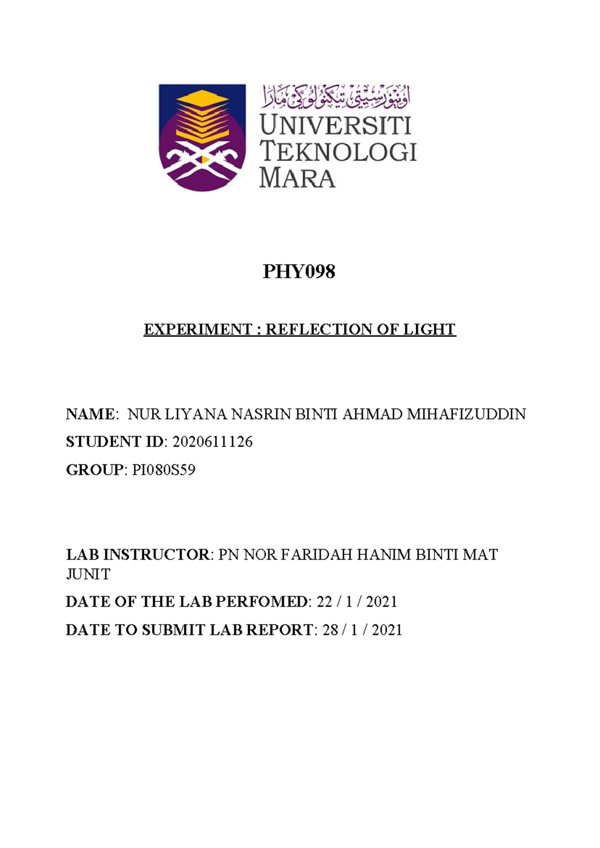PHY Lab Report: Reflection of Light Experiment Analysis - Studocu