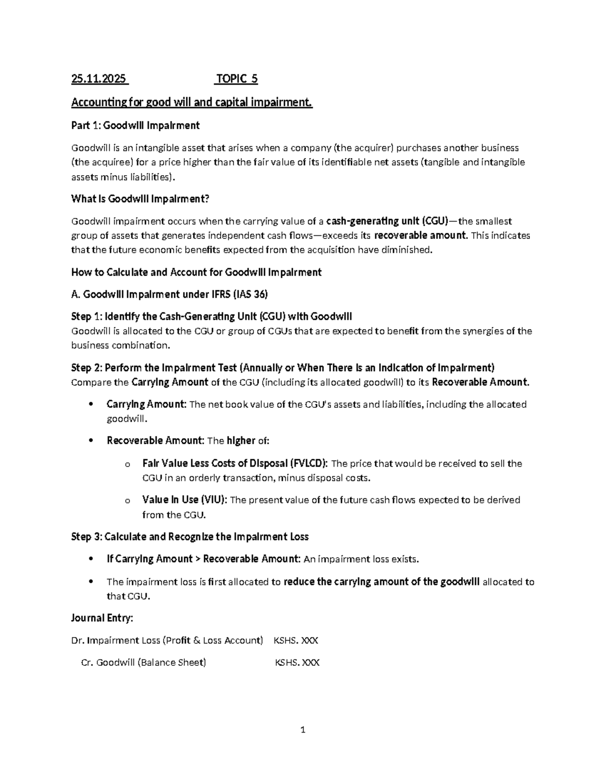 Topic 5: Accounting for Goodwill and Capital Impairment (ACCT 101 ...