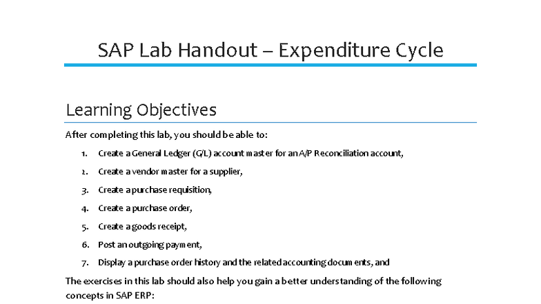 SAP Lab Handout: Expenditure Cycle Learning Objectives and Exercises ...