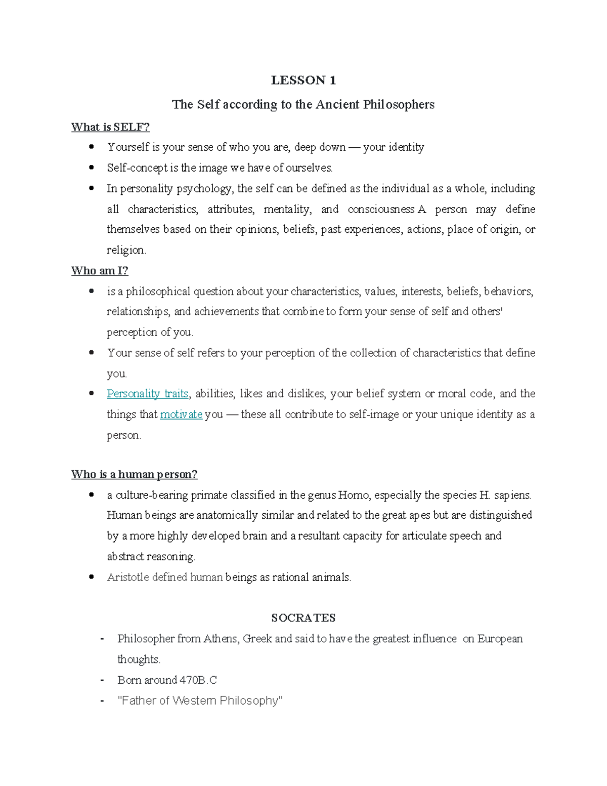 LESSON 1: Understanding the Self through Ancient Philosophers - Studocu