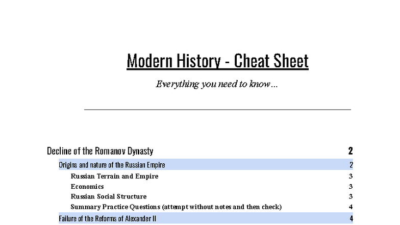 Modern History Cheat Sheet: Romanov Dynasty & WWI Overview - Studocu