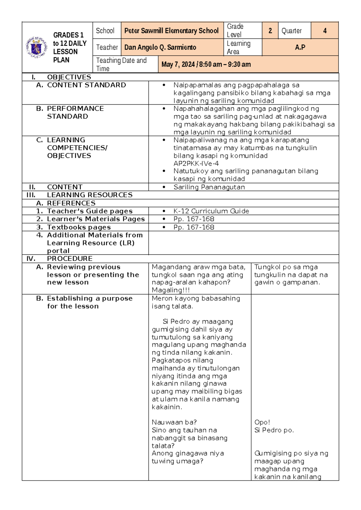 AP W5 D2 - Daily Lesson Plan for Grades 1-12 on Community ...