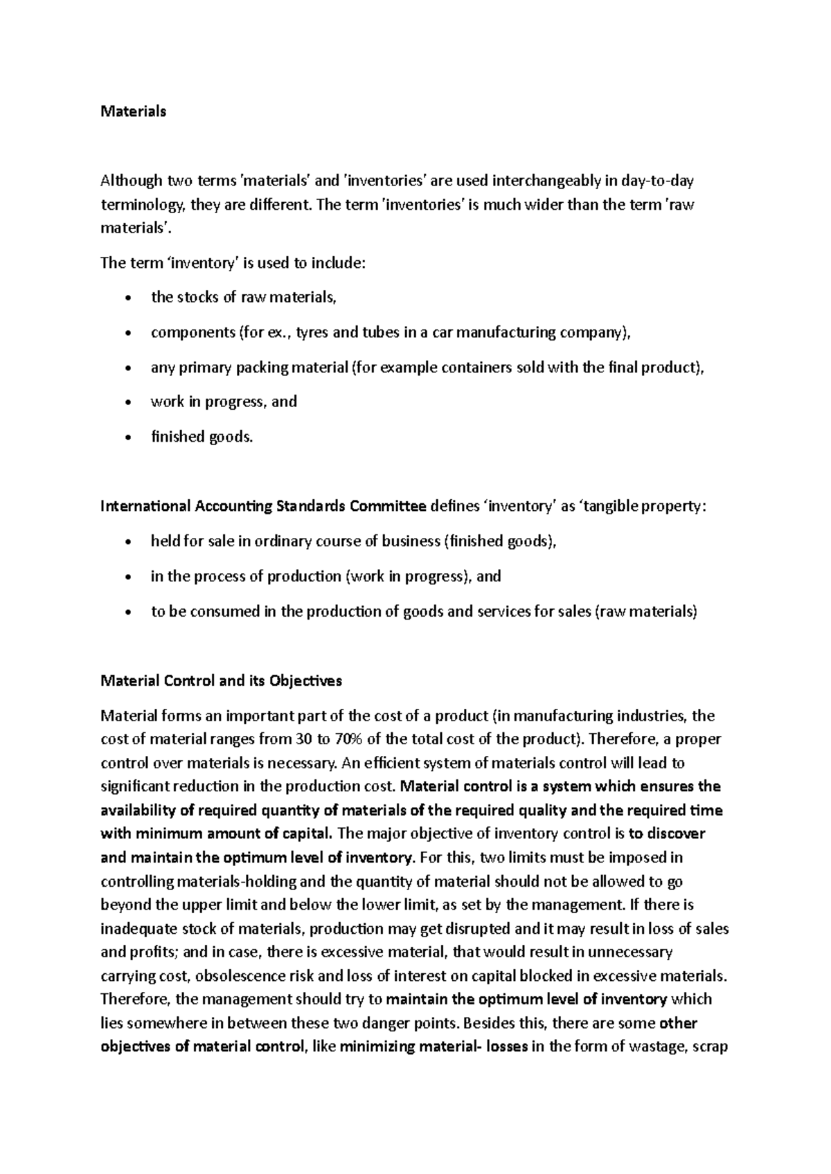 Materials Management and Control: Key Concepts and Objectives - Studocu