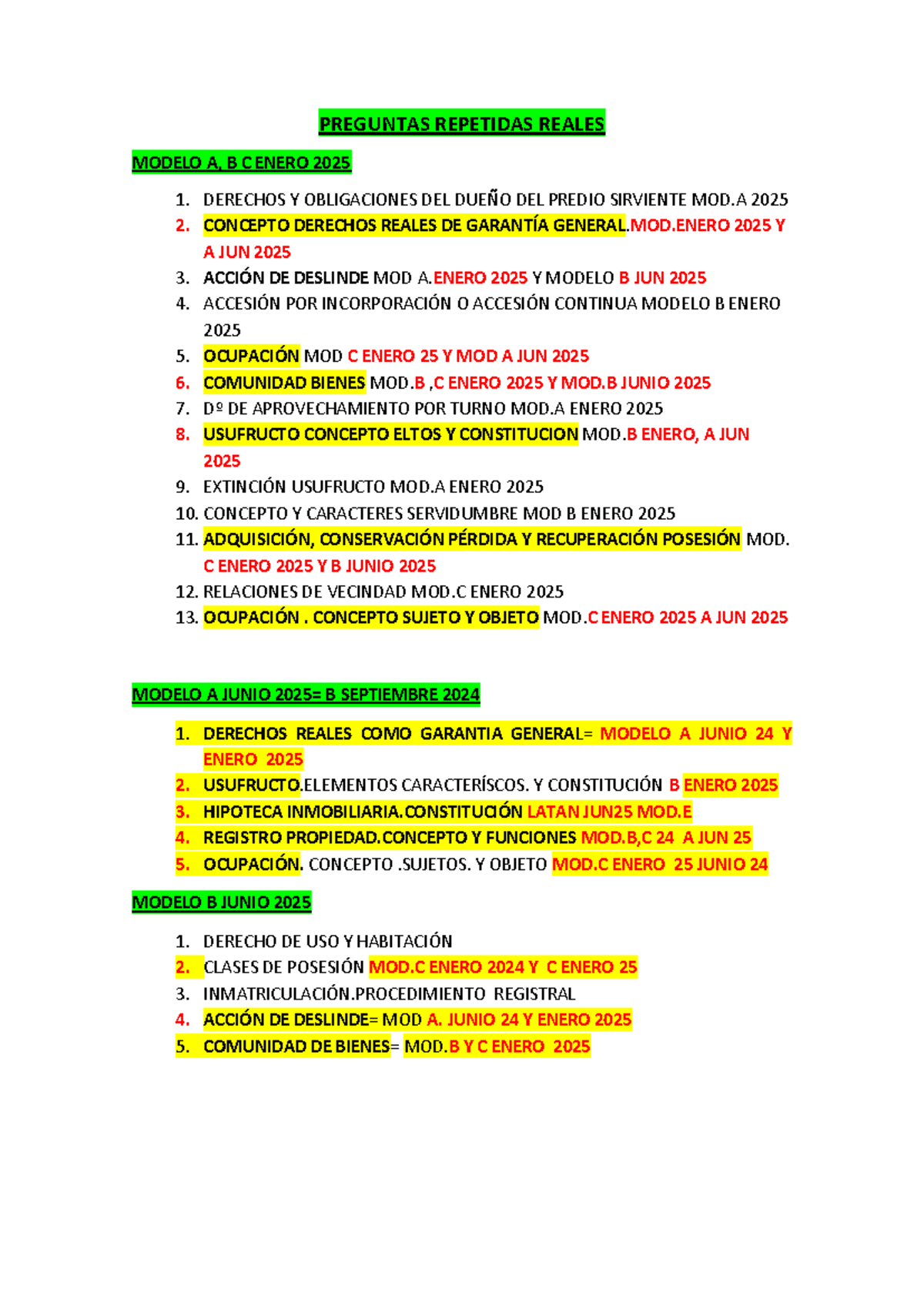 Preguntas Repetidas Reales - Modelos A, B, C (Enero-Junio 2025) - Studocu