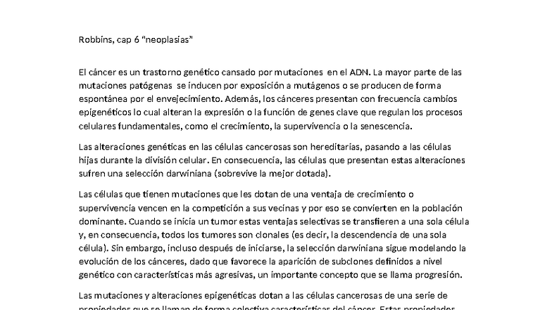 Robbins, cap 6: Características y Progresión del Cáncer - Studocu