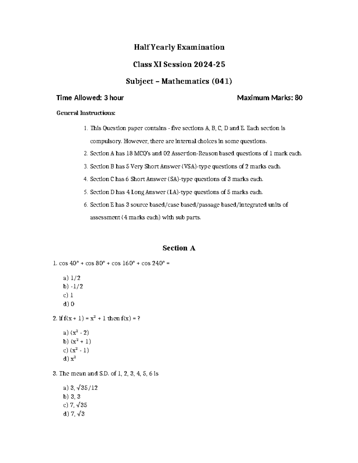 Half Yearly Exam Class XI Mathematics (041) MCQ Question Paper - Studocu