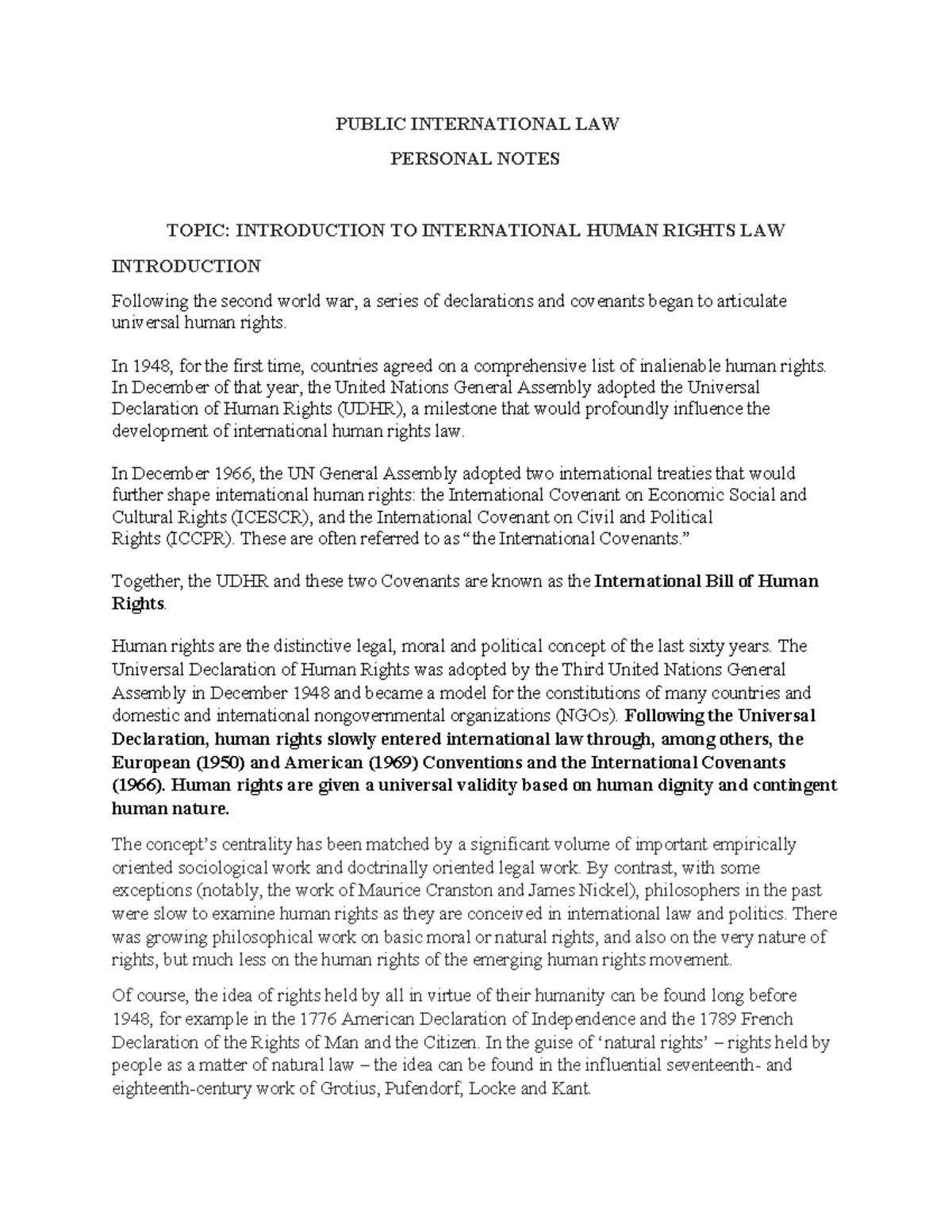 PIL 101: Intro to International Human Rights Law - Personal Notes - Studocu