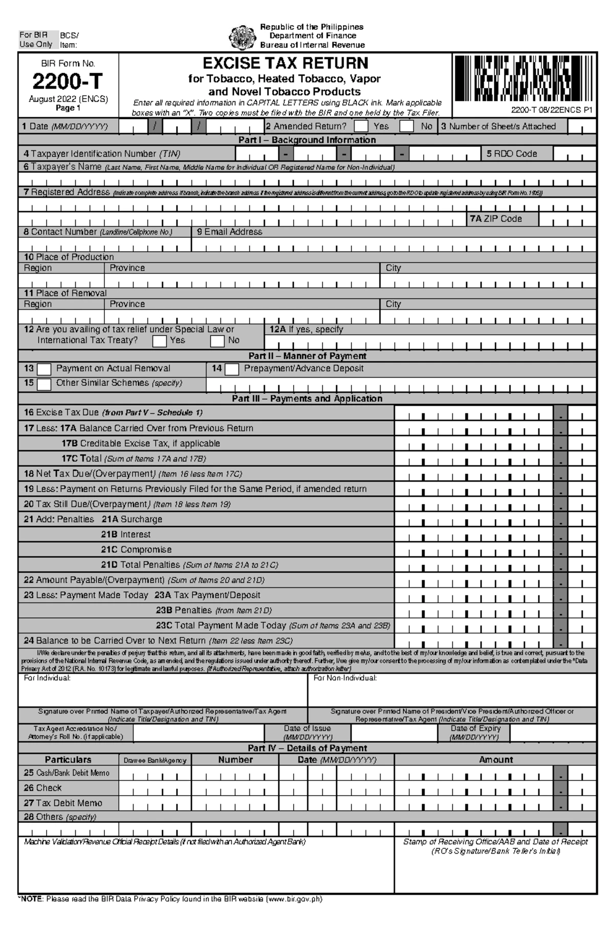 BIR Form No. EXCISE TAX RETURN for Mineral Products - Jan 2018 - Studocu