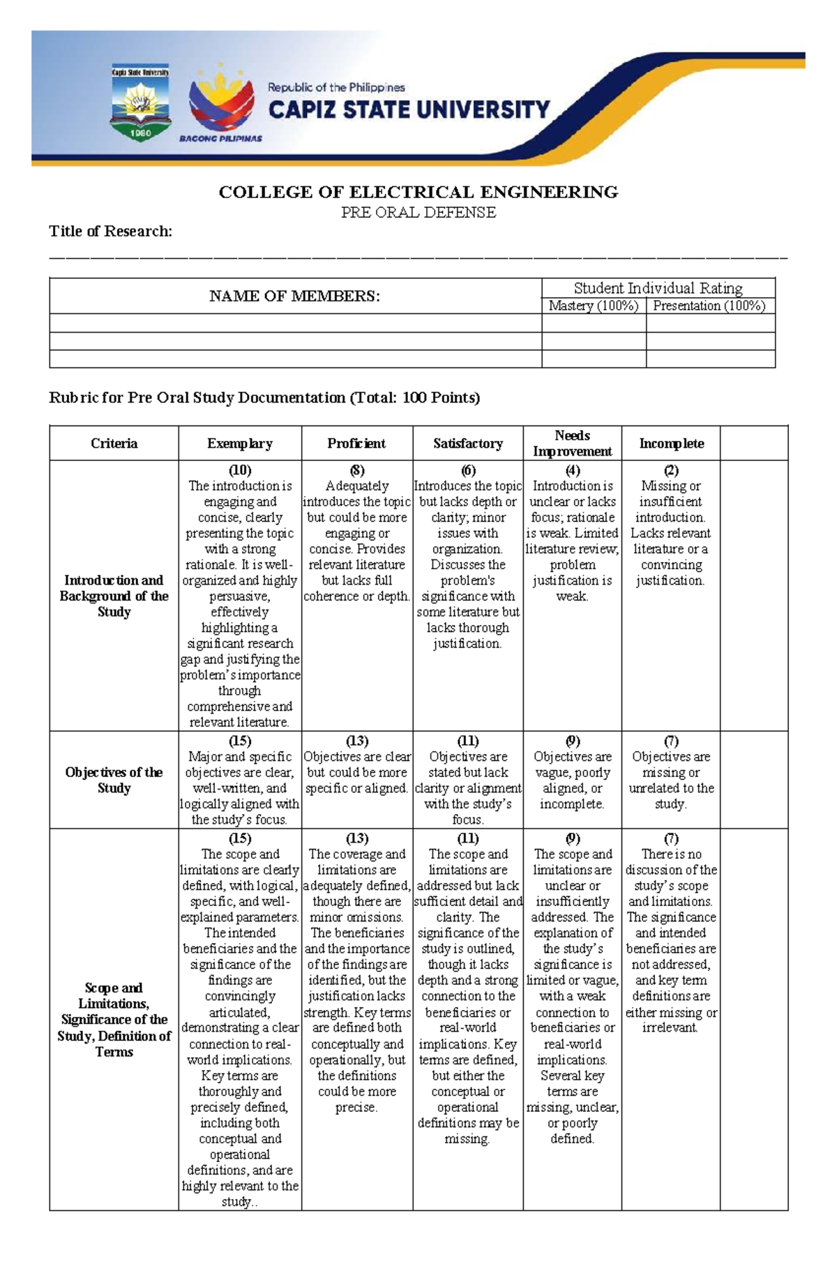 EE 101 Pre Oral Defense Rubric for Student Presentation Evaluation ...
