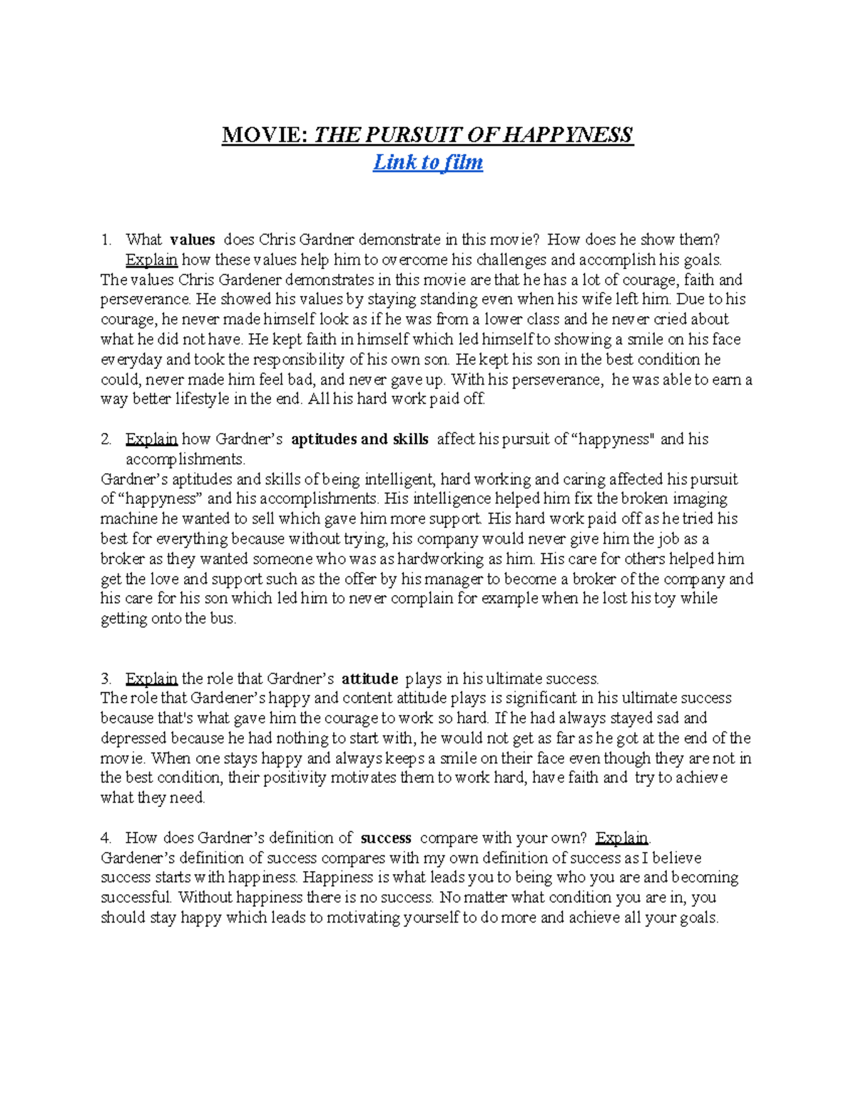 Pursuit of Happyness Analysis: Values, Skills & Attitude in Film - Studocu