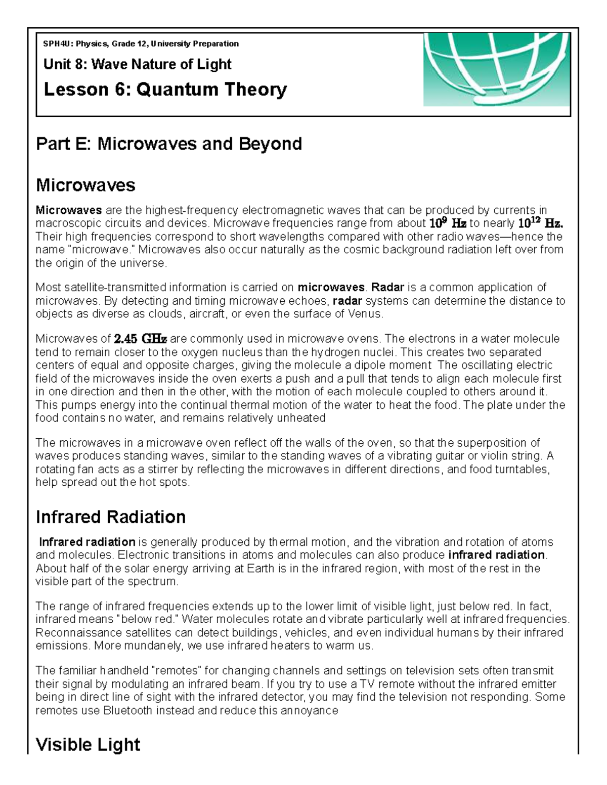 SPH4U: Grade 12 Physics Unit 8 Lesson 6 - Quantum Theory: Microwaves ...