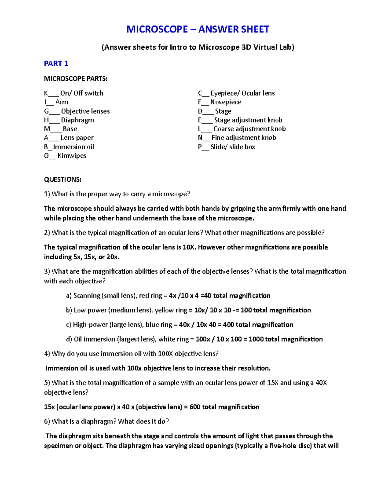 Microscope - Answer Sheet - MICROSCOPE – ANSWER SHEET (Answer sheets ...
