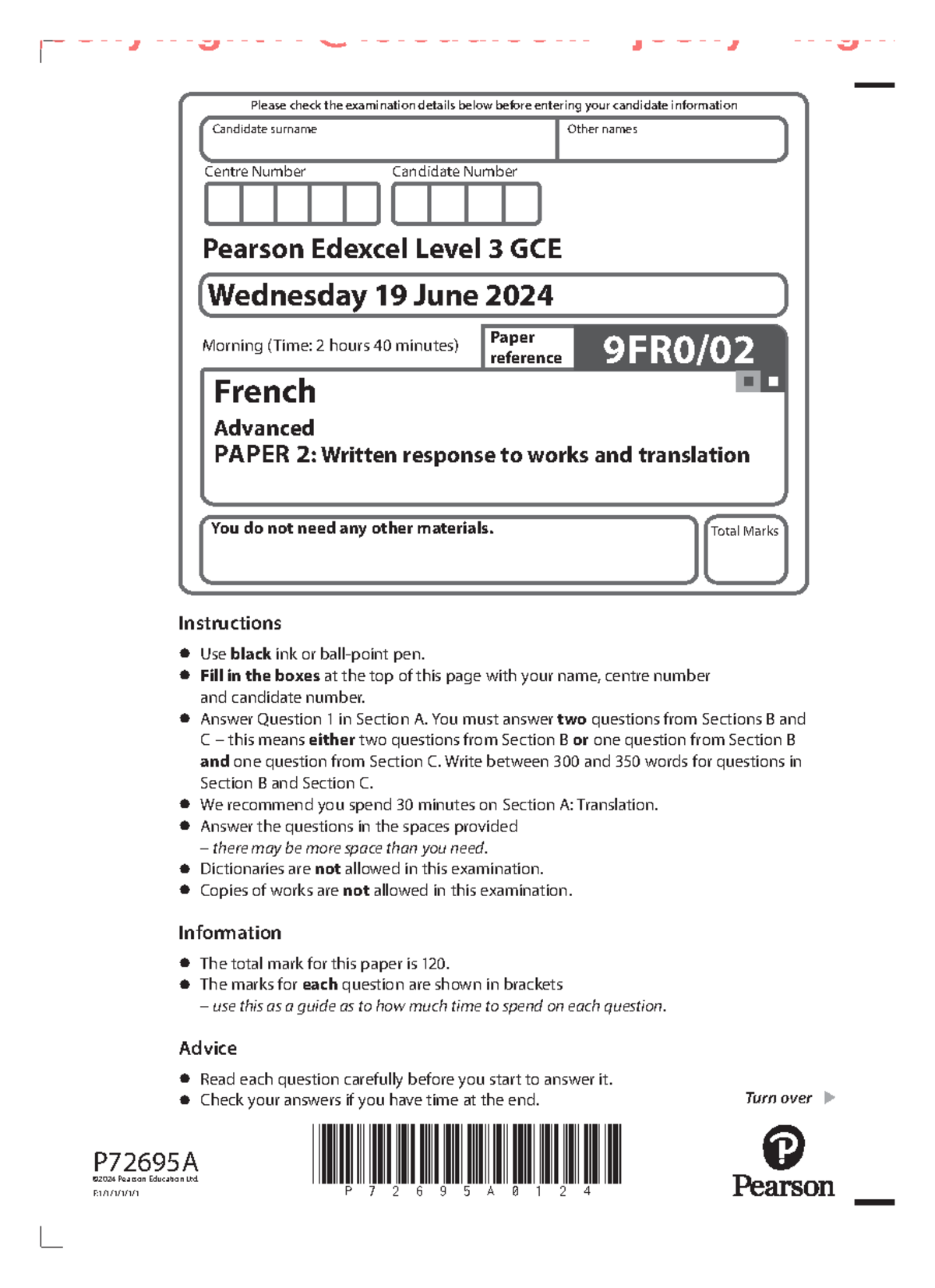 9FR0 French Paper 2 - Exam QP & Instructions Guide - Studocu