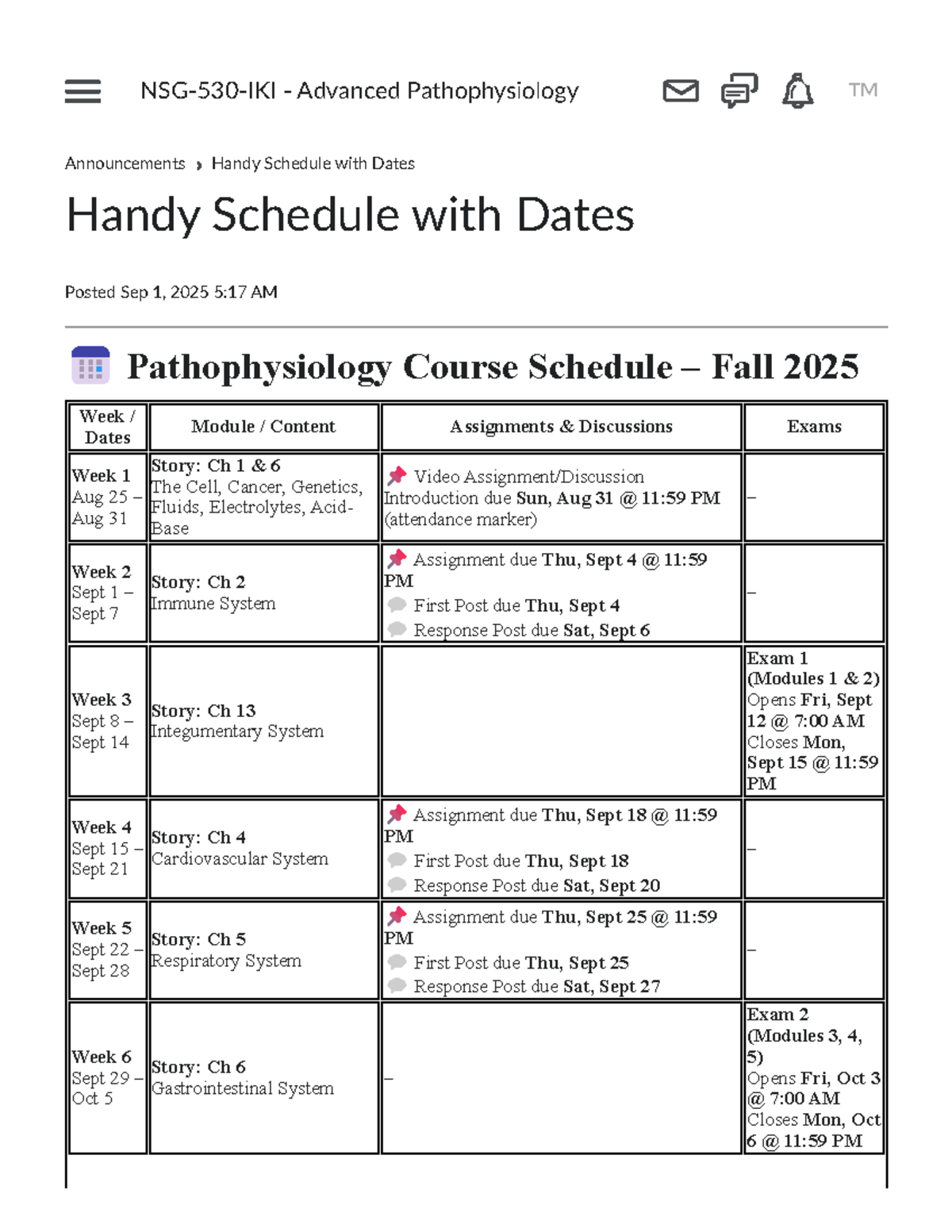 Handy Schedule with Dates - NSG-530-IKI - Advanced Pathophysiology ...