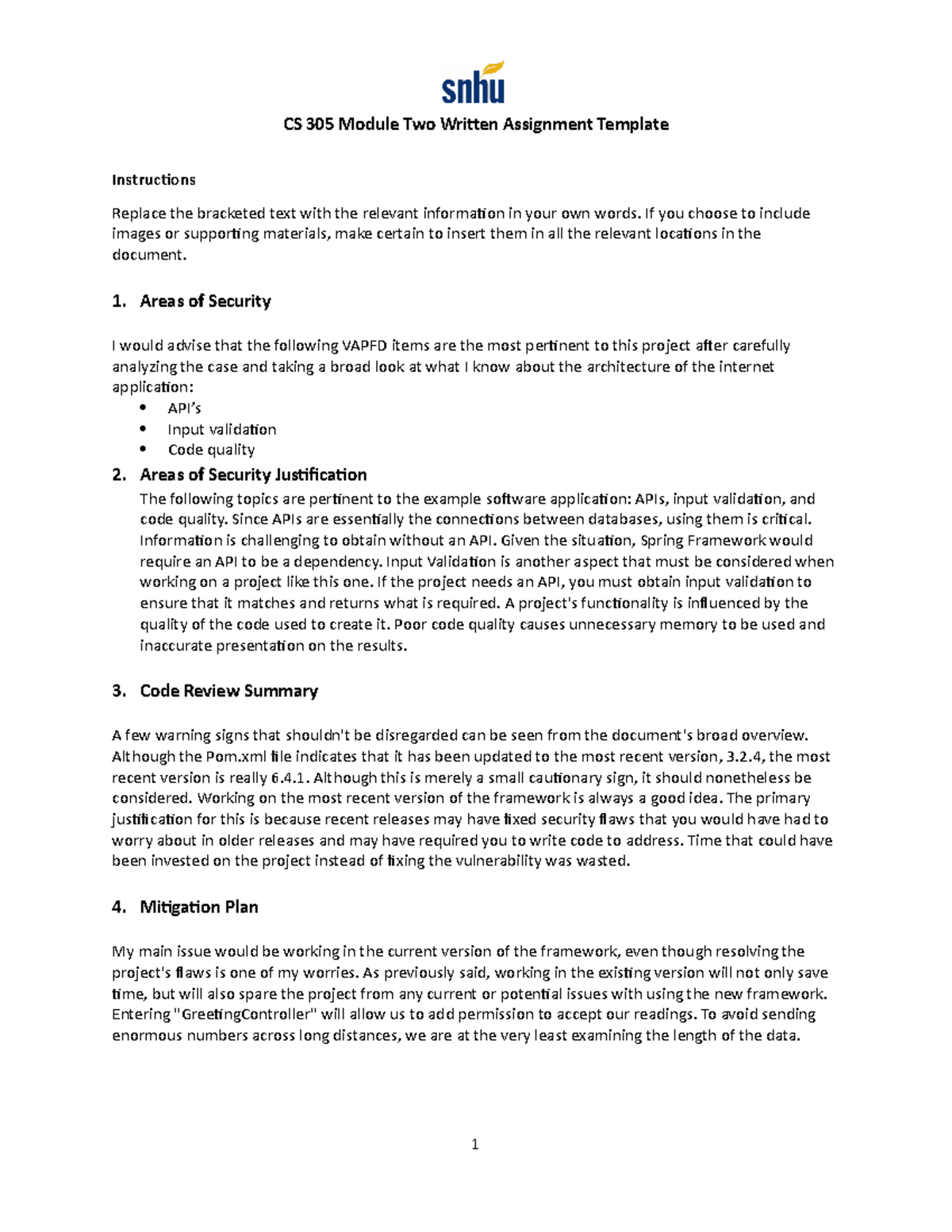 Done CS 305 Module Two Code Review and Mitigation Plan Assignment Template - CS 305 Module Two ...