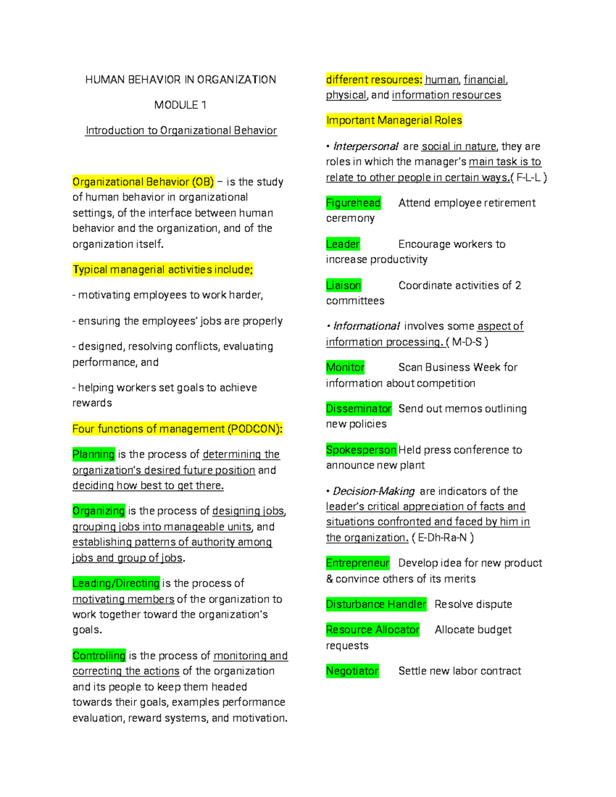 HUMAN BEHAVIOR IN ORGANIZATION: MODULE 1 Overview of OB Concepts - Studocu