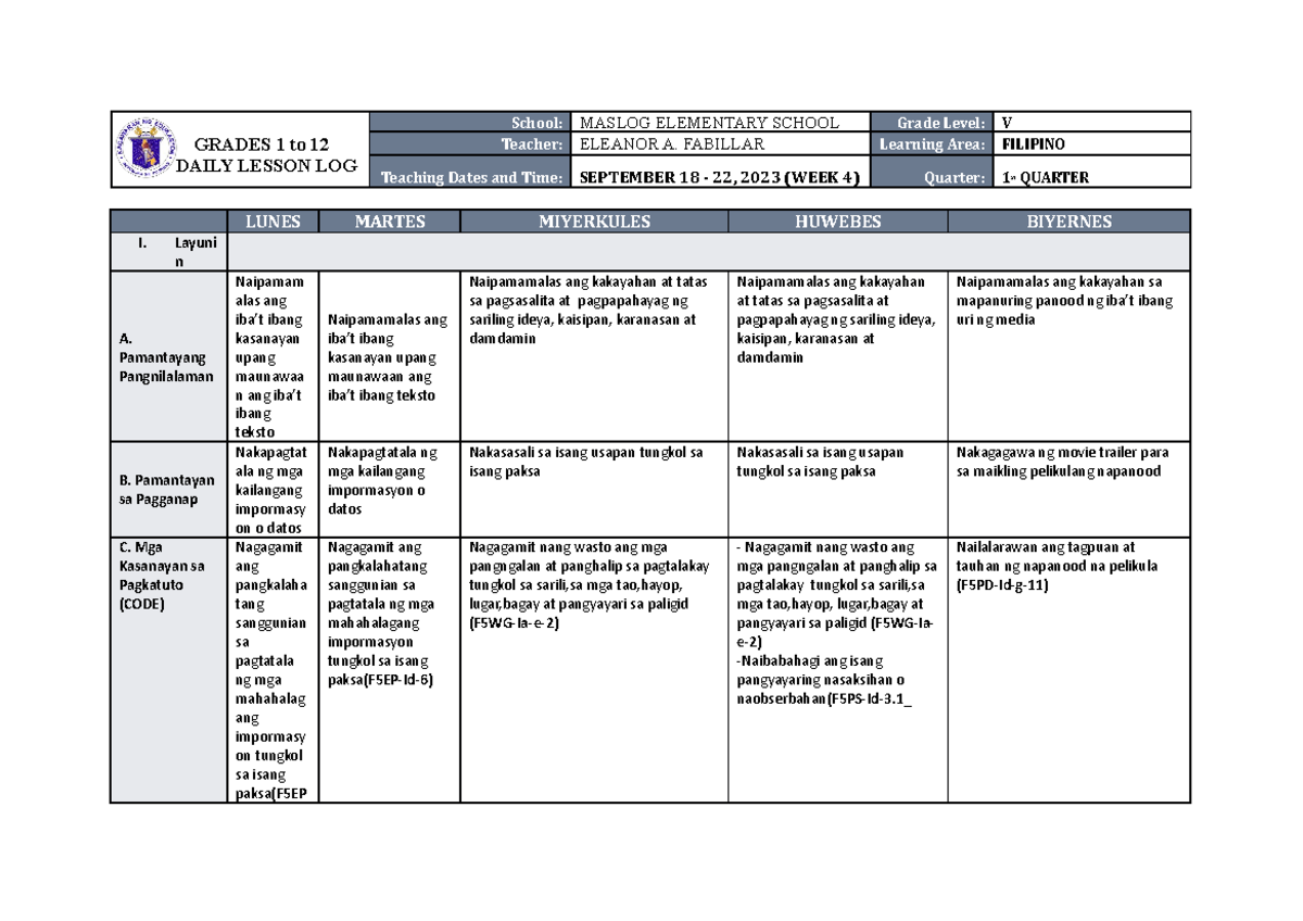 DLP in filipino 5 week 4 - GRADES 1 to 12 DAILY LESSON LOG School ...