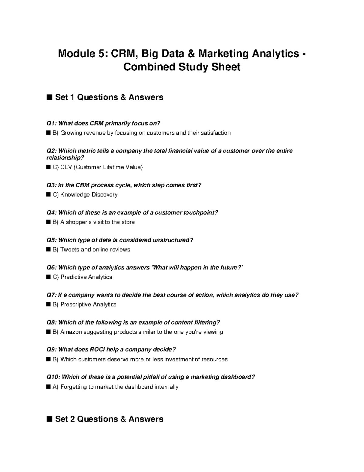 Module 5: CRM Quiz Study Sheet - Key Questions & Answers - Studocu