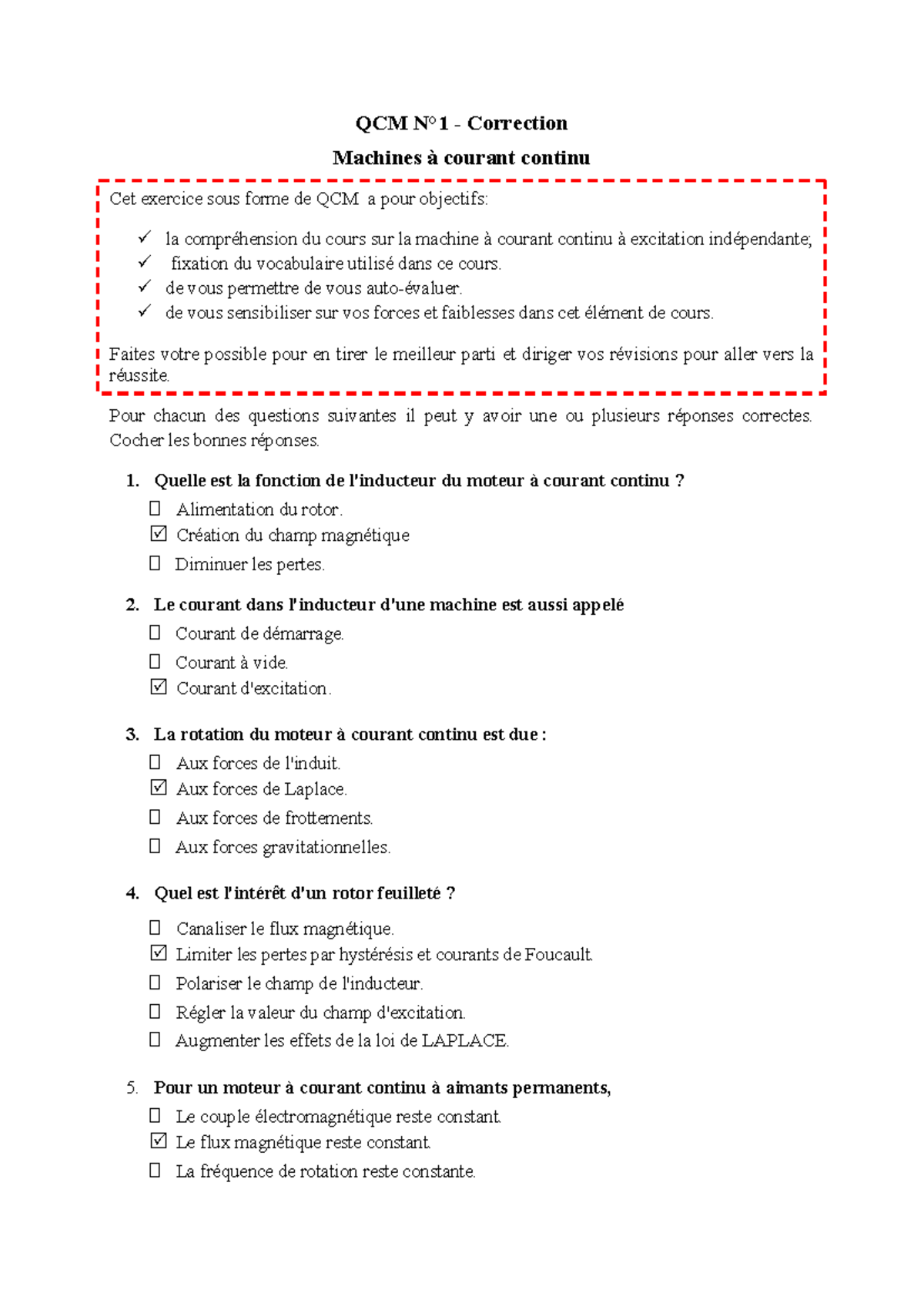 QCM N°1 Correction - Machines Électriques à Courant Continu - Studocu