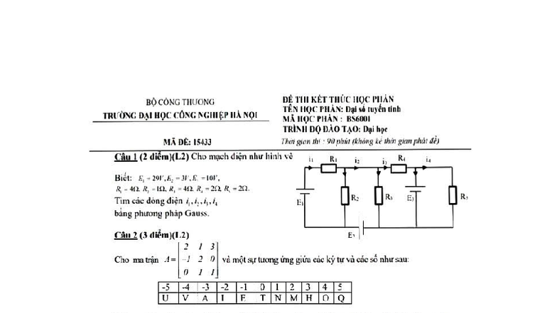 ĐỀ THI CUỐI KỲ ĐẠI SỐ TUYẾN TÍNH BS6001 - TRƯỜNG ĐẠI HỌC CÔNG NGHIỆP HÀ ...