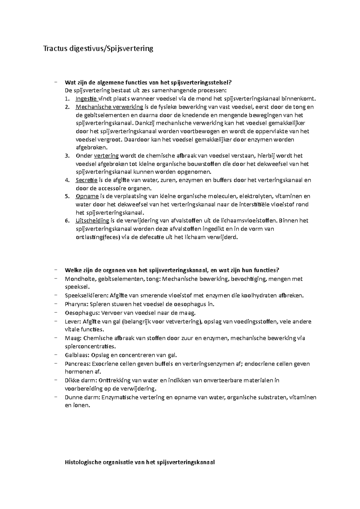 Hoorcollege Tractus Digestivus: Functies en Vertering van Voedsel ...