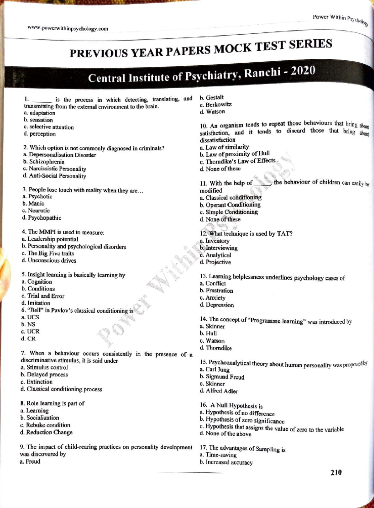 CIP 2020 - Previous Year Mock Test Series for Psychology - Studocu