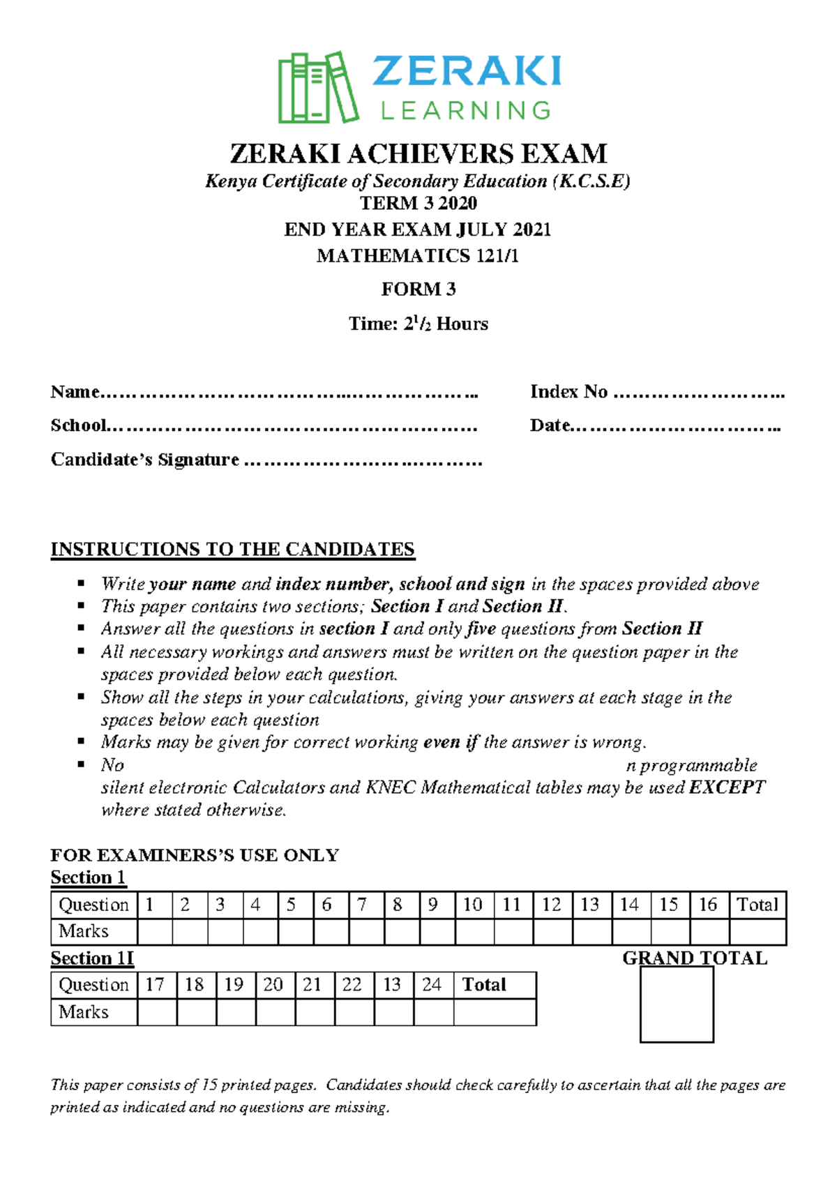Mathematics Form 3 Term 3 End Year Exam - K.C.S.E Paper 121/1 - Studocu