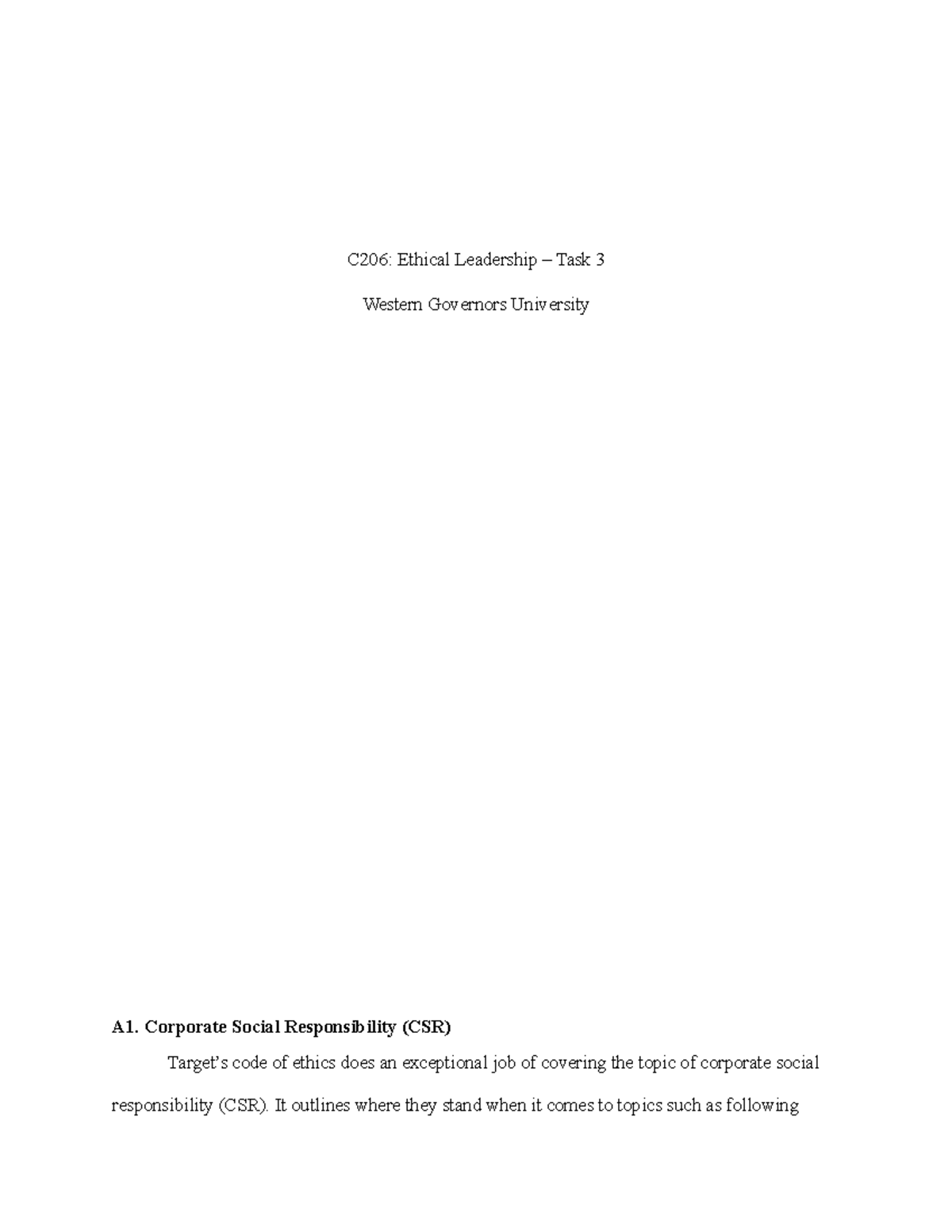 C206 - Ethical Leadership Task 3: Corporate Responsibility & Compliance - Studocu