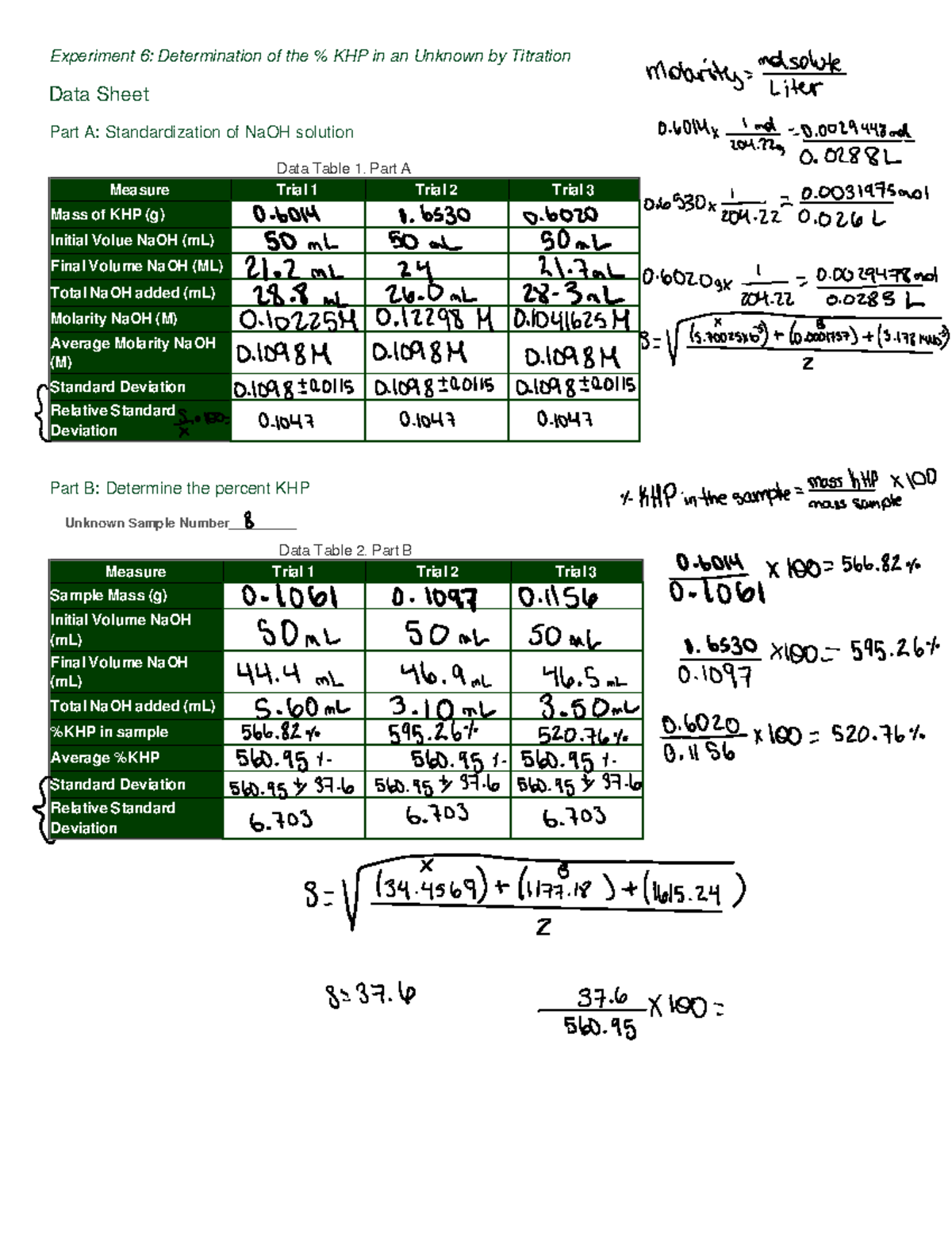 Experiment 6 - Data Sheet - Experiment 6: Determination of the % KHP in an Unknown by Titration ...