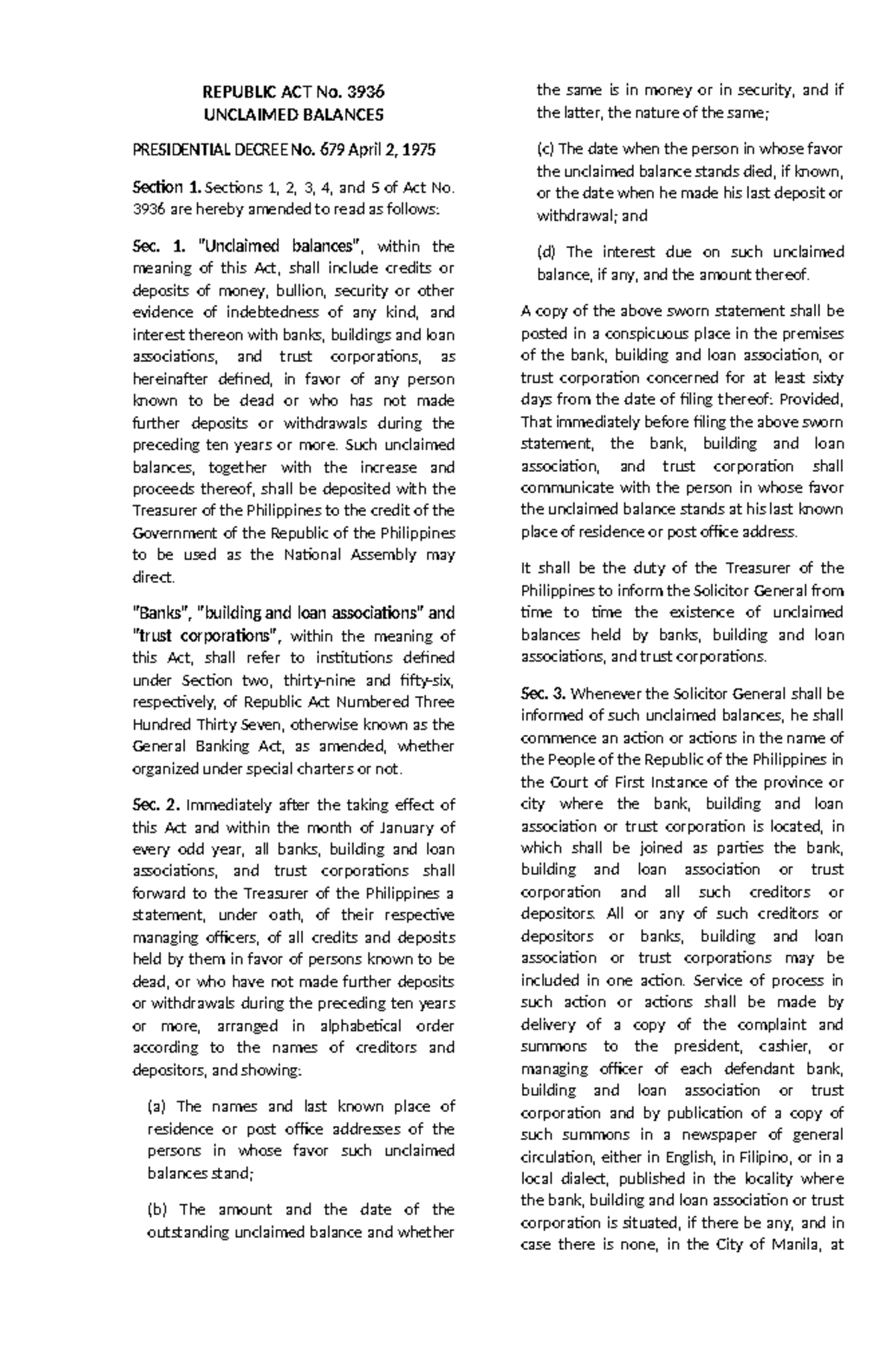 Unclaimed Balances Under RA 3936: Overview and Provisions - Studocu