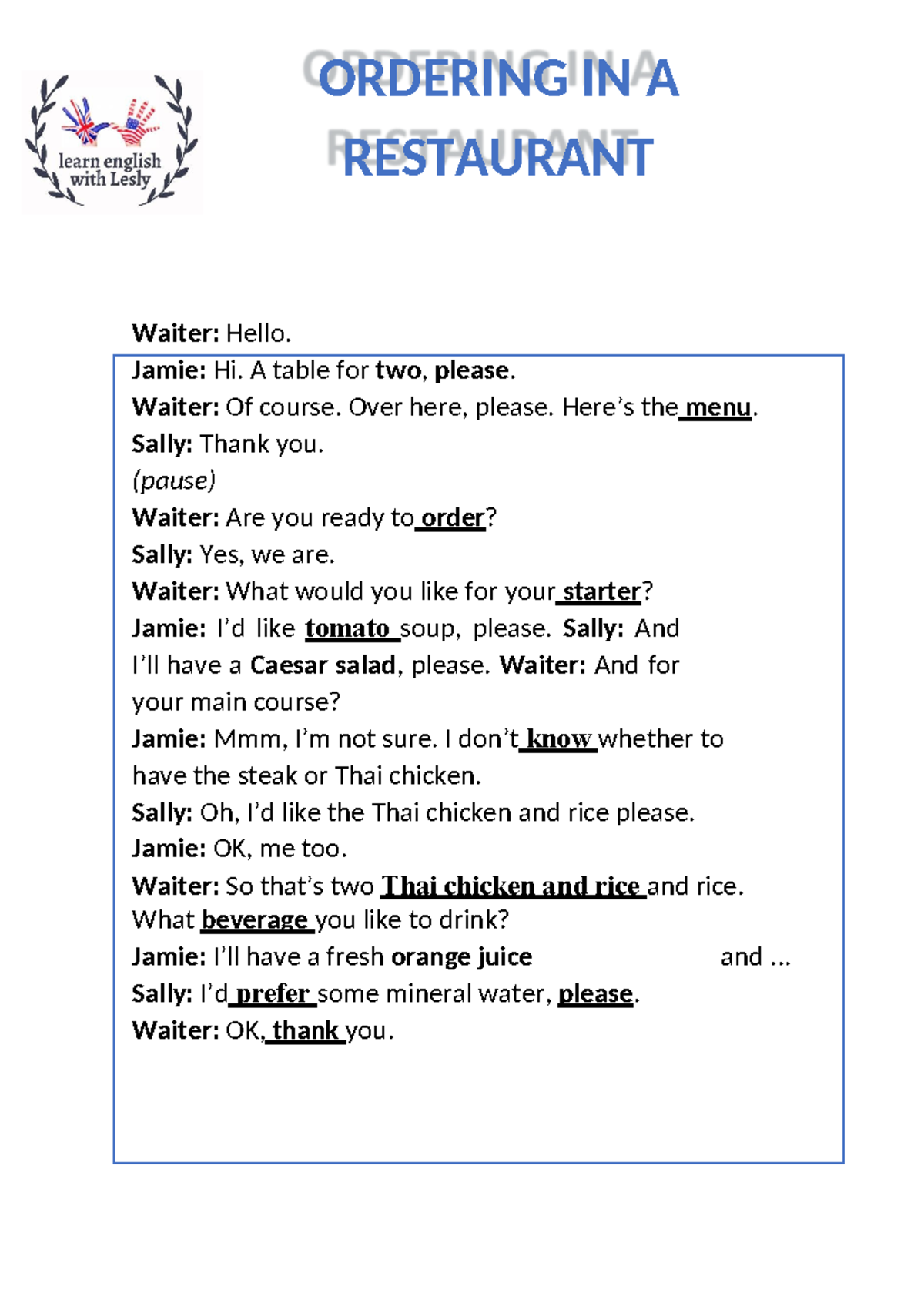 Ordering in a Restaurant: Conversation Example - Studocu