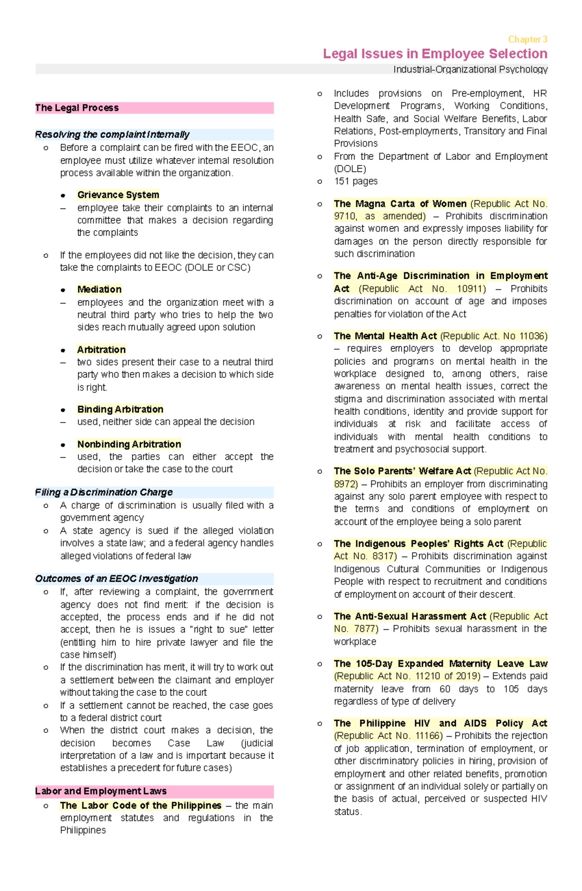 I O 3 - Legal Issues in Employee Selection Chapter Notes - Studocu