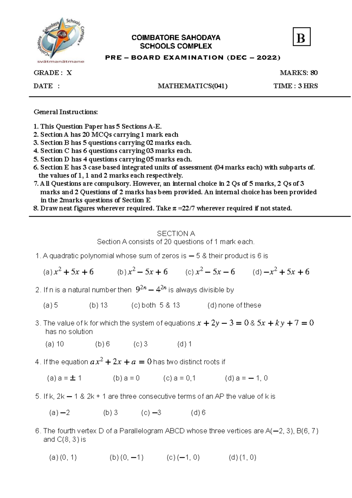 X MATH SET B QP Cbe SSC DEC 22 - COIMBATORE SAHODAYA SCHOOLS COMPLEX PRE – BOARD EXAMINATION ...