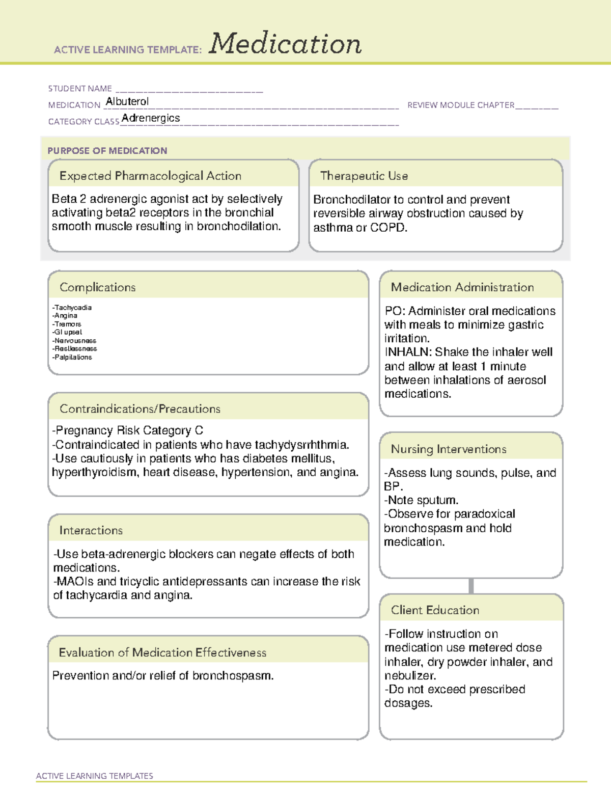 ATI Medication Template: Albuterol Inhaler Overview and Use - Studocu