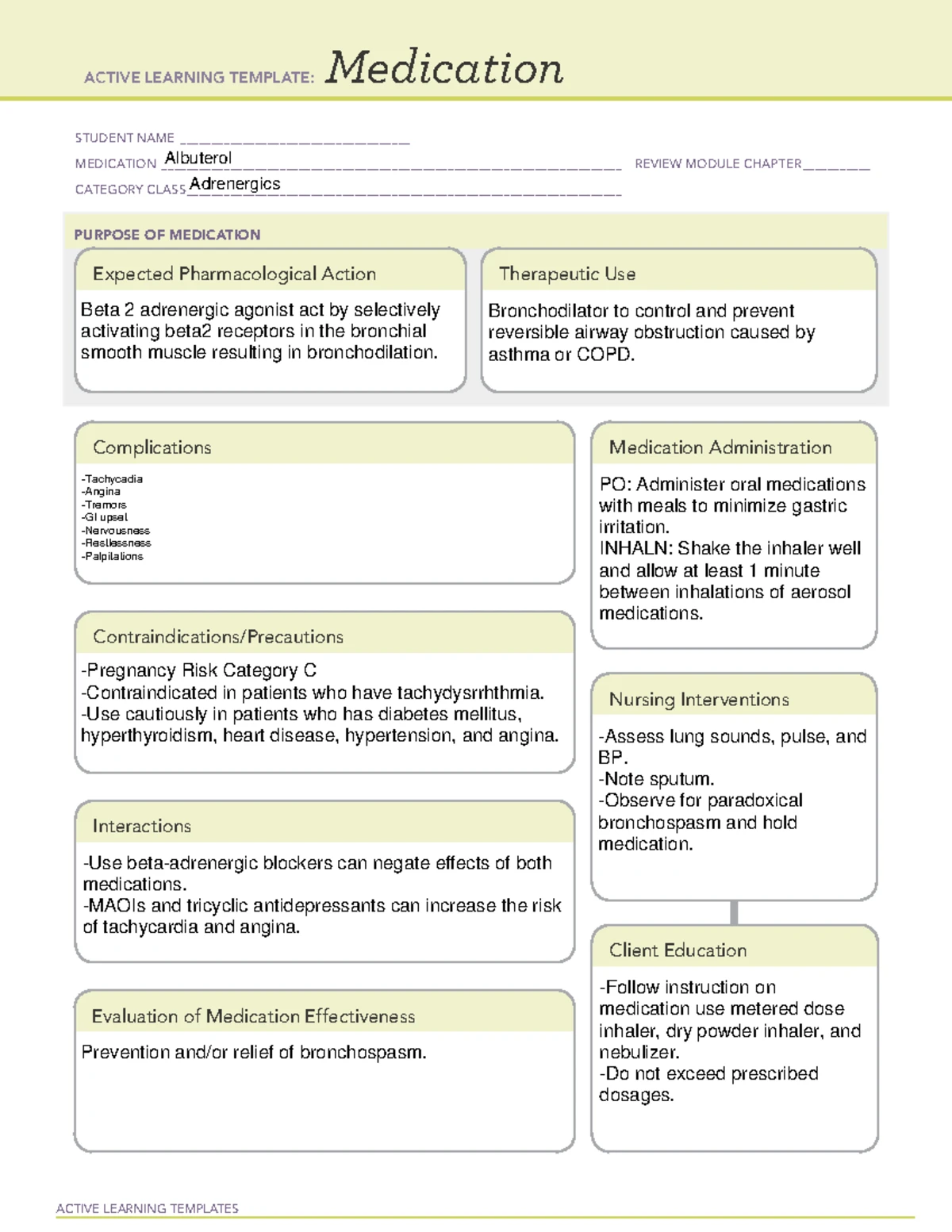 ATI Medication Template: Albuterol (inhaler) - ACTIVE LEARNING ...
