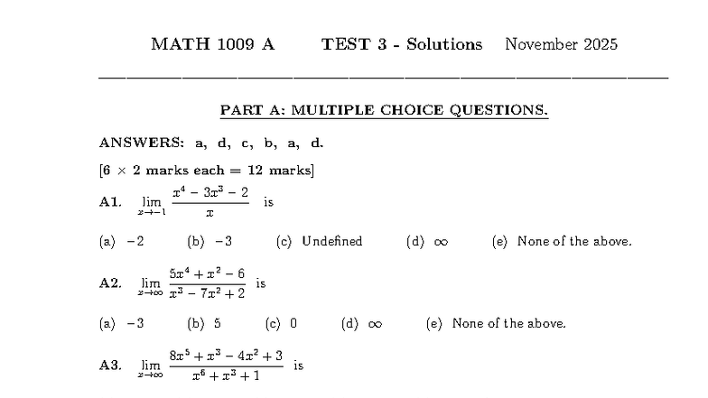 MATH 1009 Test 3 Solutions - Multiple Choice & Long Questions - Studocu